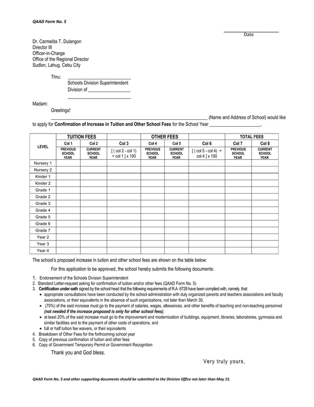 QAAD Form 5- Confirmation of Increase in Tuition and Other School Fees ...