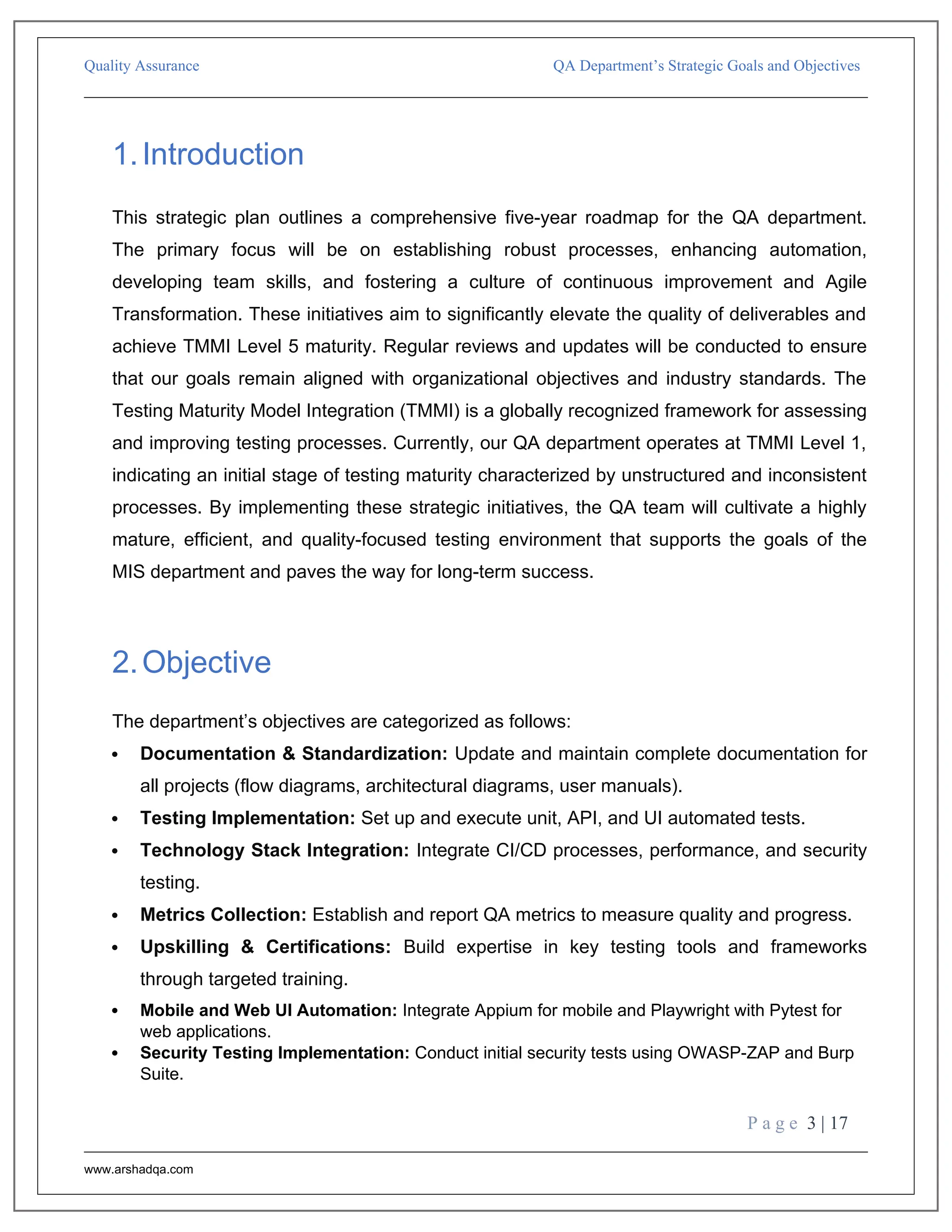 QA Strategic Plan for 5 Years from TMMI Initial to Level 5 | DOCX