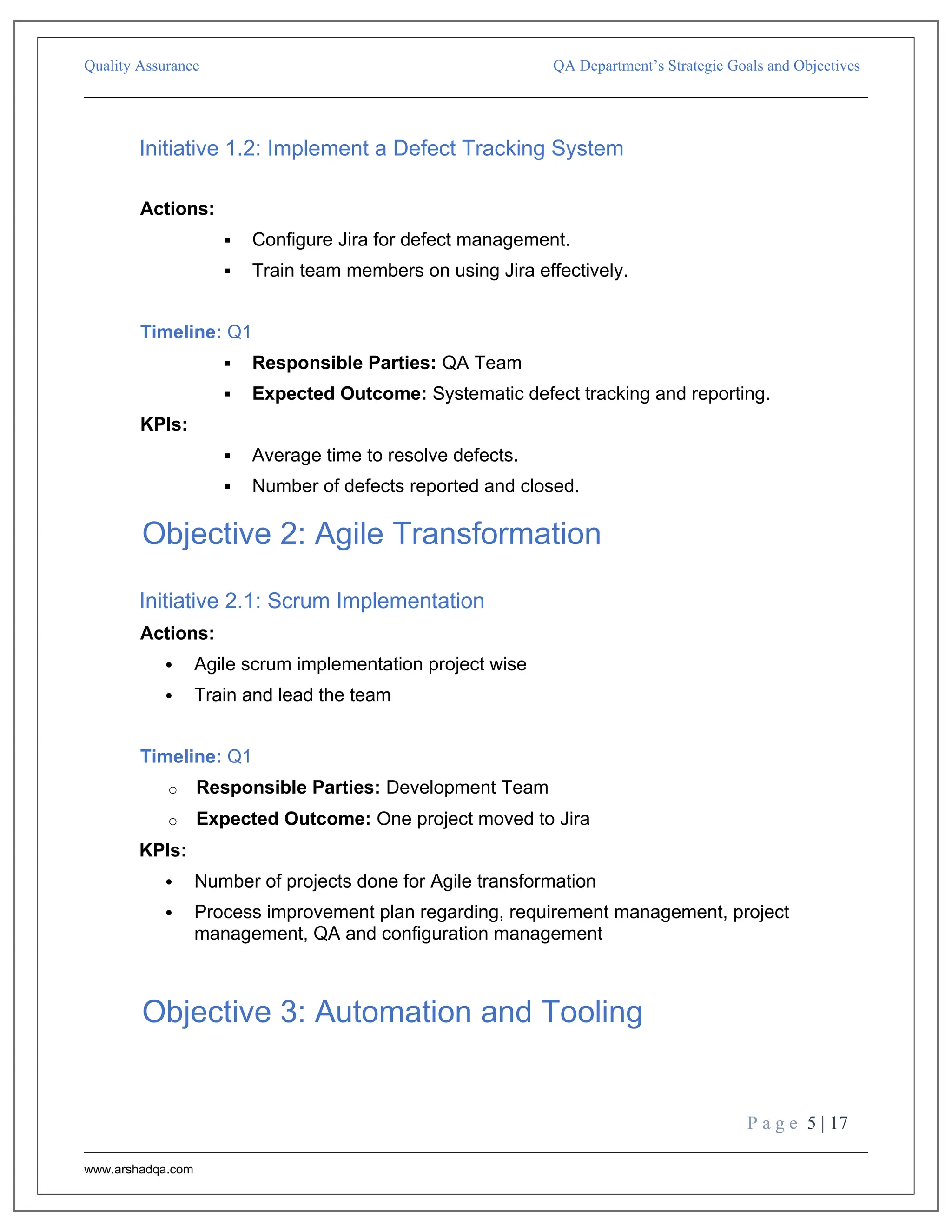 QA Strategic Plan for 5 Years from TMMI Initial to Level 5 | DOCX