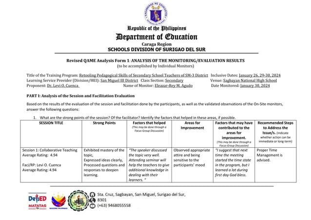 Quality Assurance Monitoring and Evaluation Form 1 | DOCX