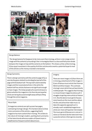Q and mixmag contents page analysis | DOCX | Music | Entertainment