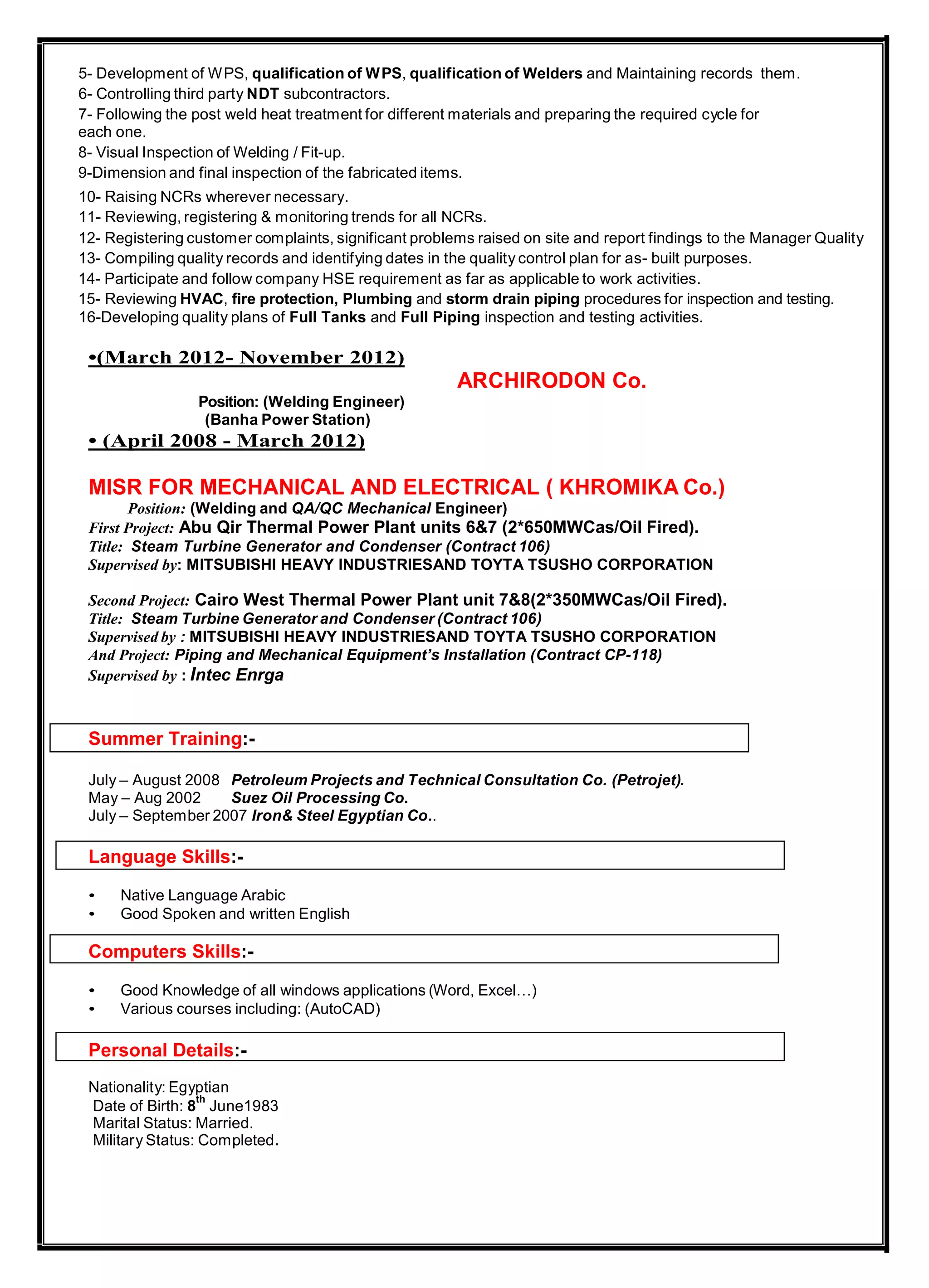 Qa qc mechanical engineer ,api 510,api 570 ,api 653 & cwi welding inspector | PDF