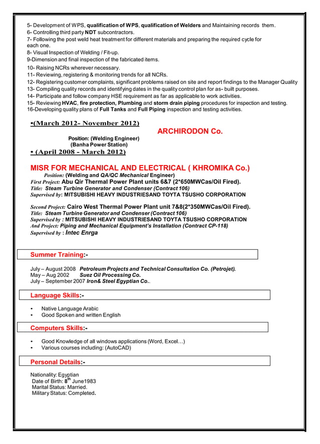 Qa qc mechanical engineer ,api 510,api 570 ,api 653 & cwi welding inspector | PDF