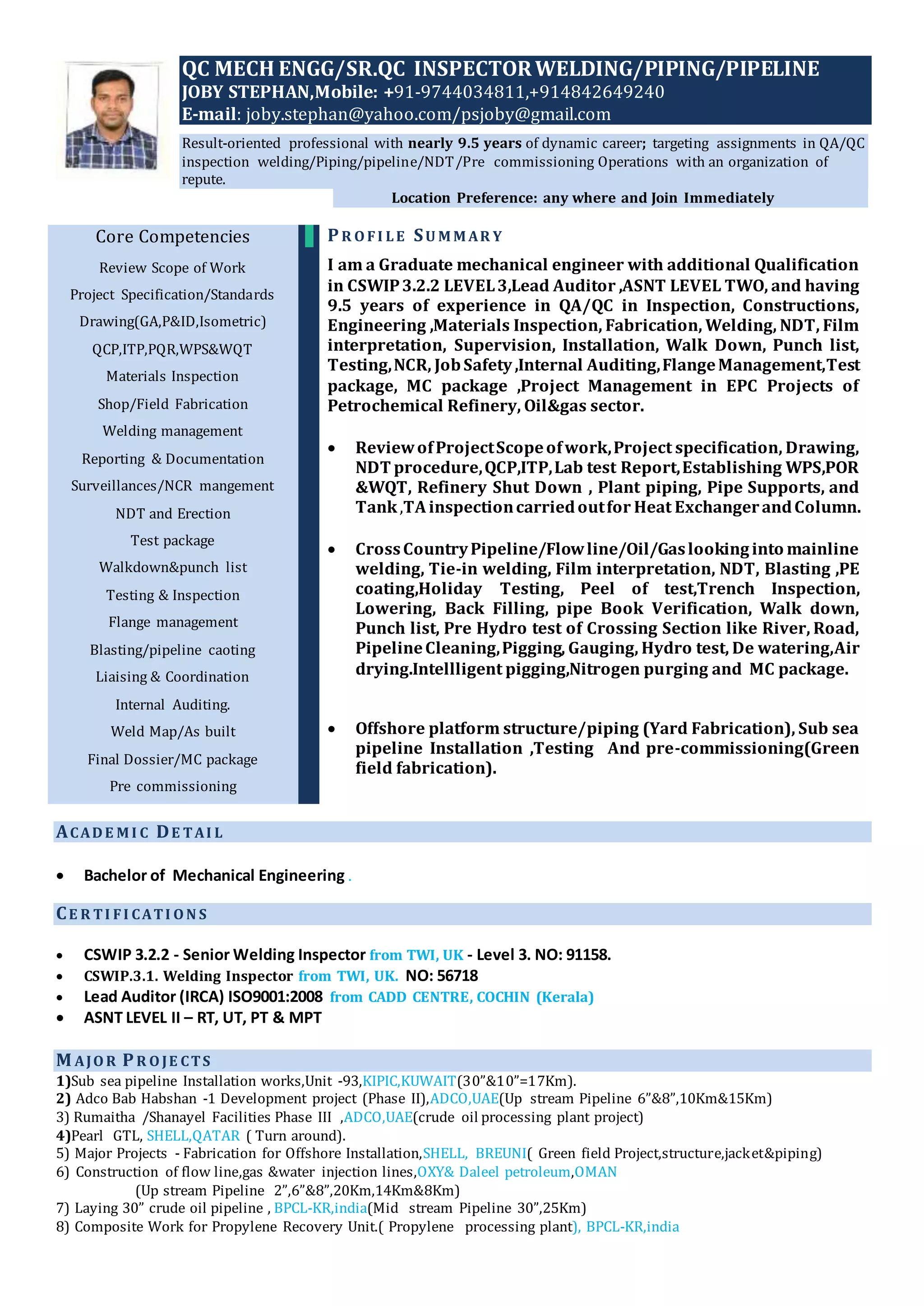 Qa qc mech enggs or sr.qc inspector welding.piping.pipeline | PDF