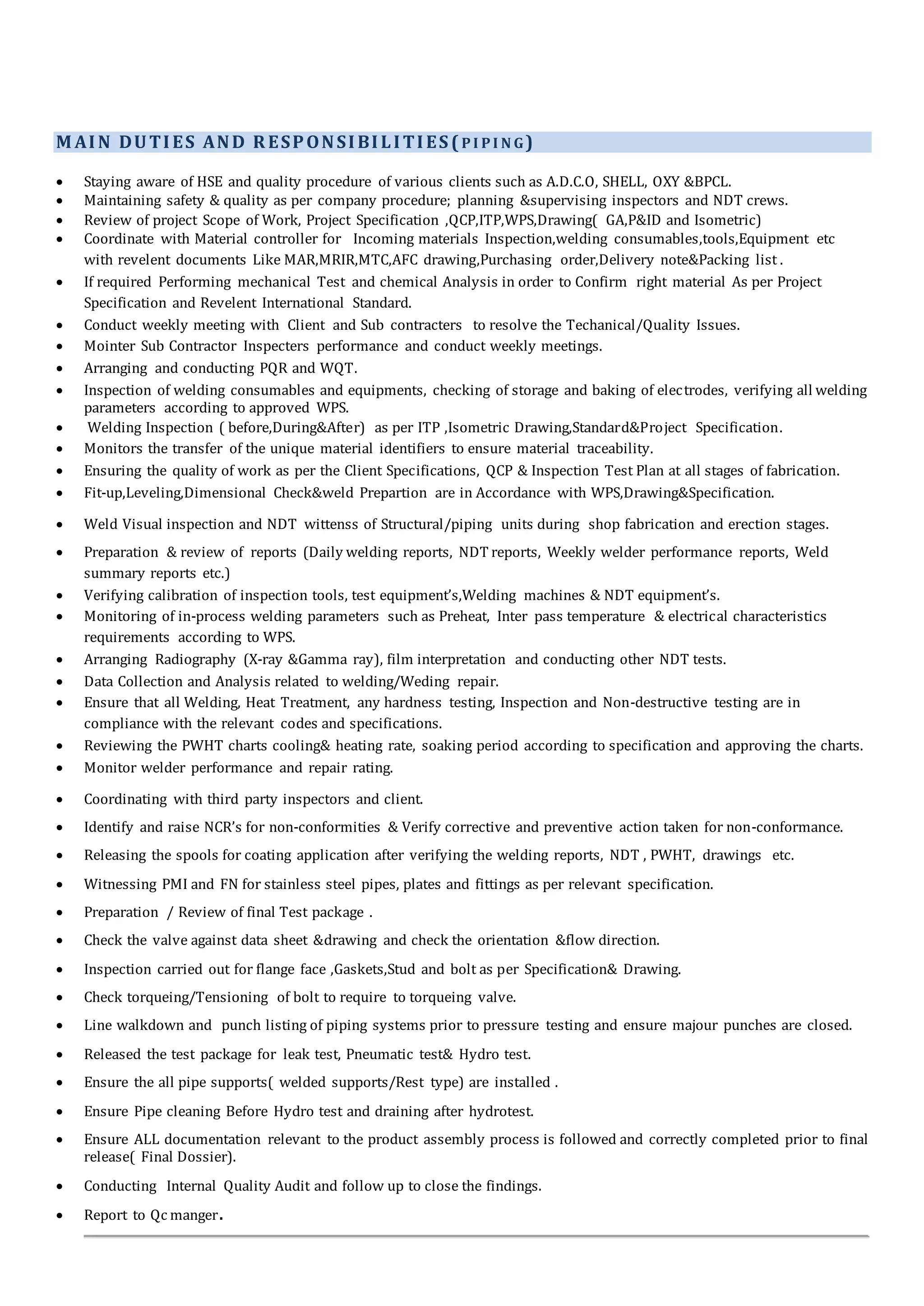 Qa qc mech enggs or sr.qc inspector welding.piping.pipeline | DOCX