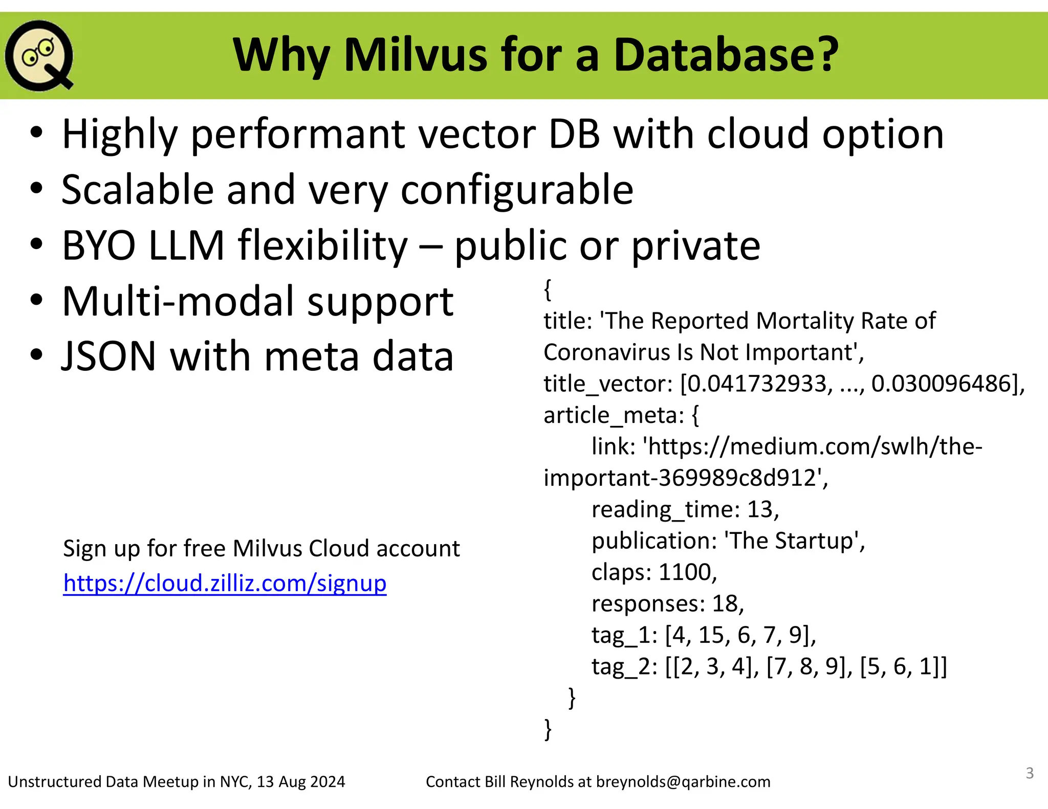 Unstructured Data Meetup - NYC - Qarbine - Milvus 13-Aug-2024 | PPT