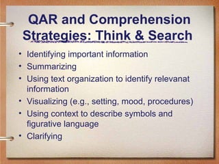 QAR A Framework for Improving Literacy Teaching and Learning | PPT