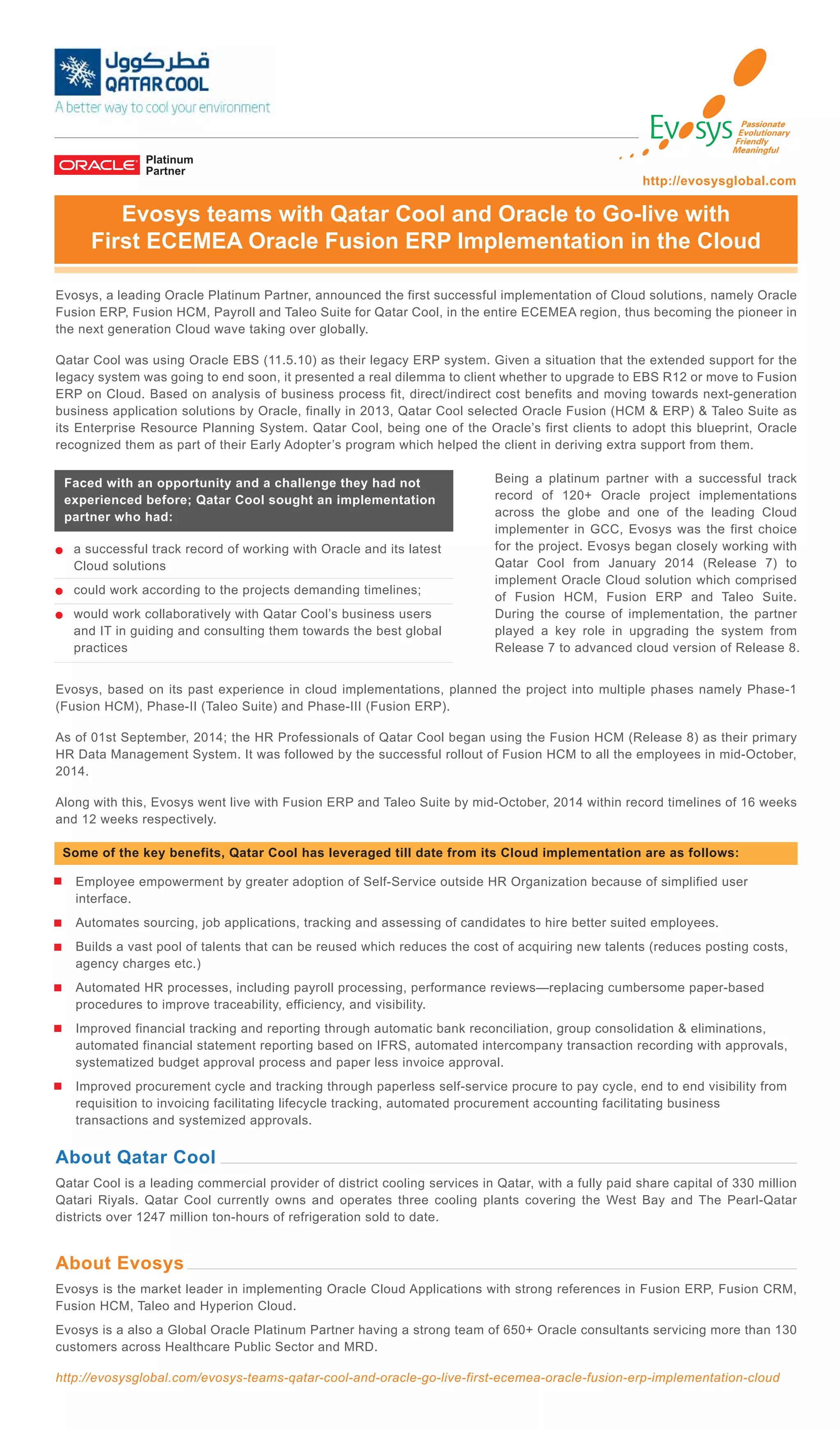 Evosys teams with Qatar Cool and Oracle to Go-live with First ECEMEA ...
