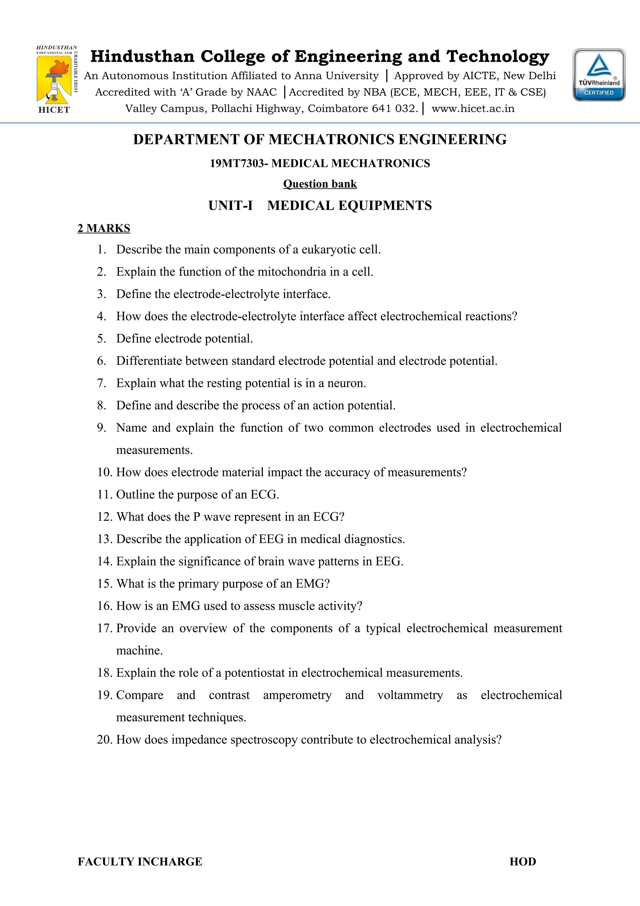 Medical Mechatronics question bank for engineering students | DOCX