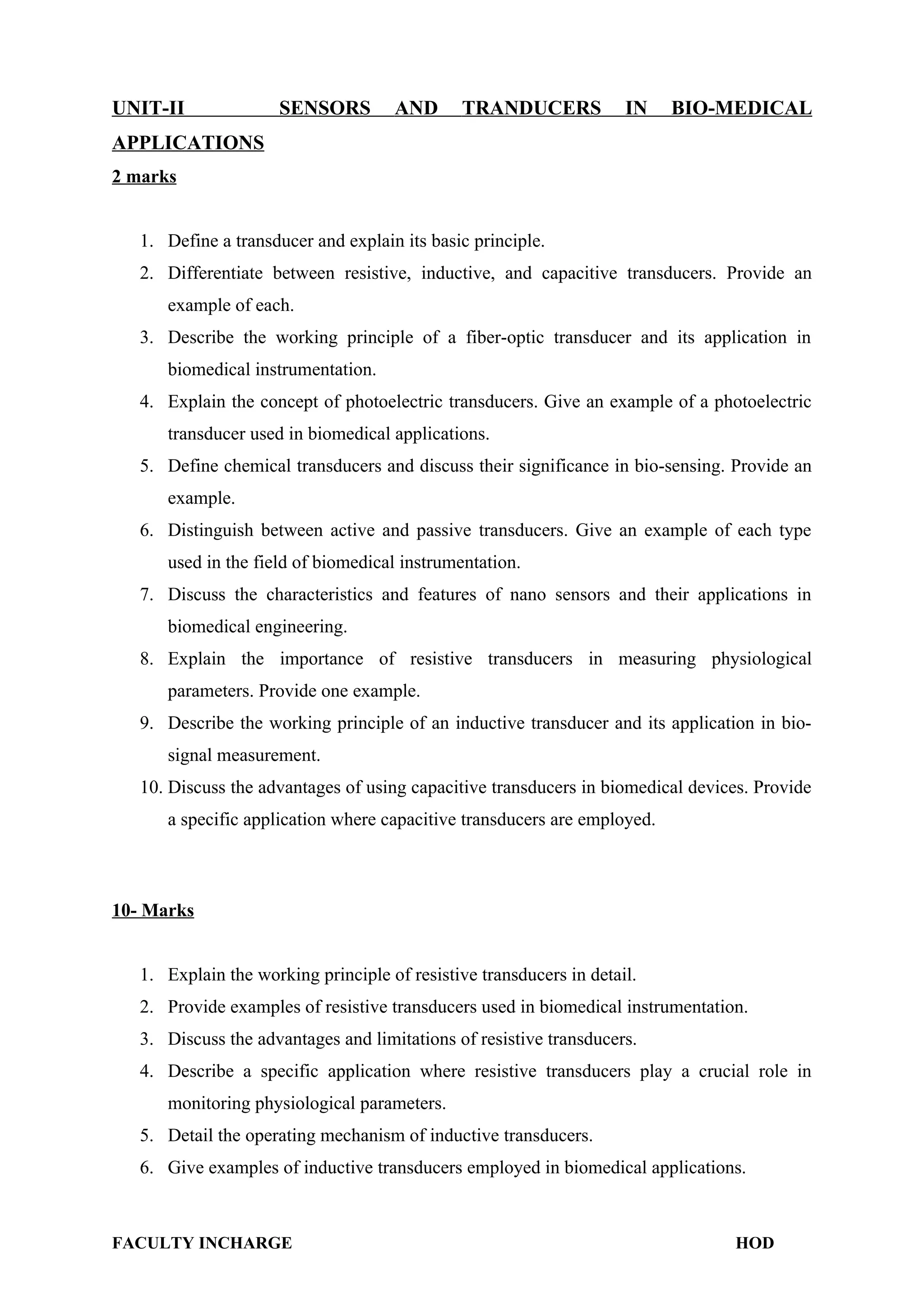 Medical Mechatronics question bank for engineering students | DOCX