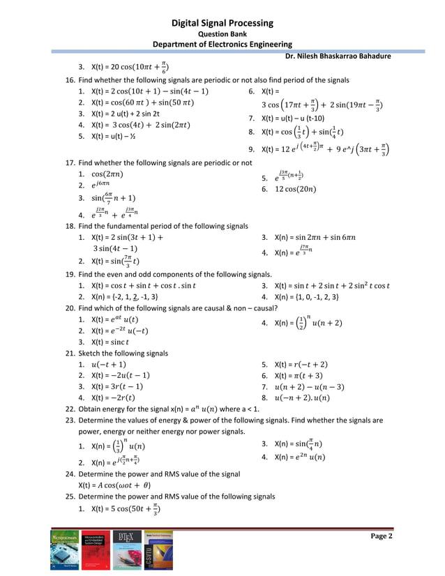 Question Bank Digital Signal Processing | PDF | Physics | Science