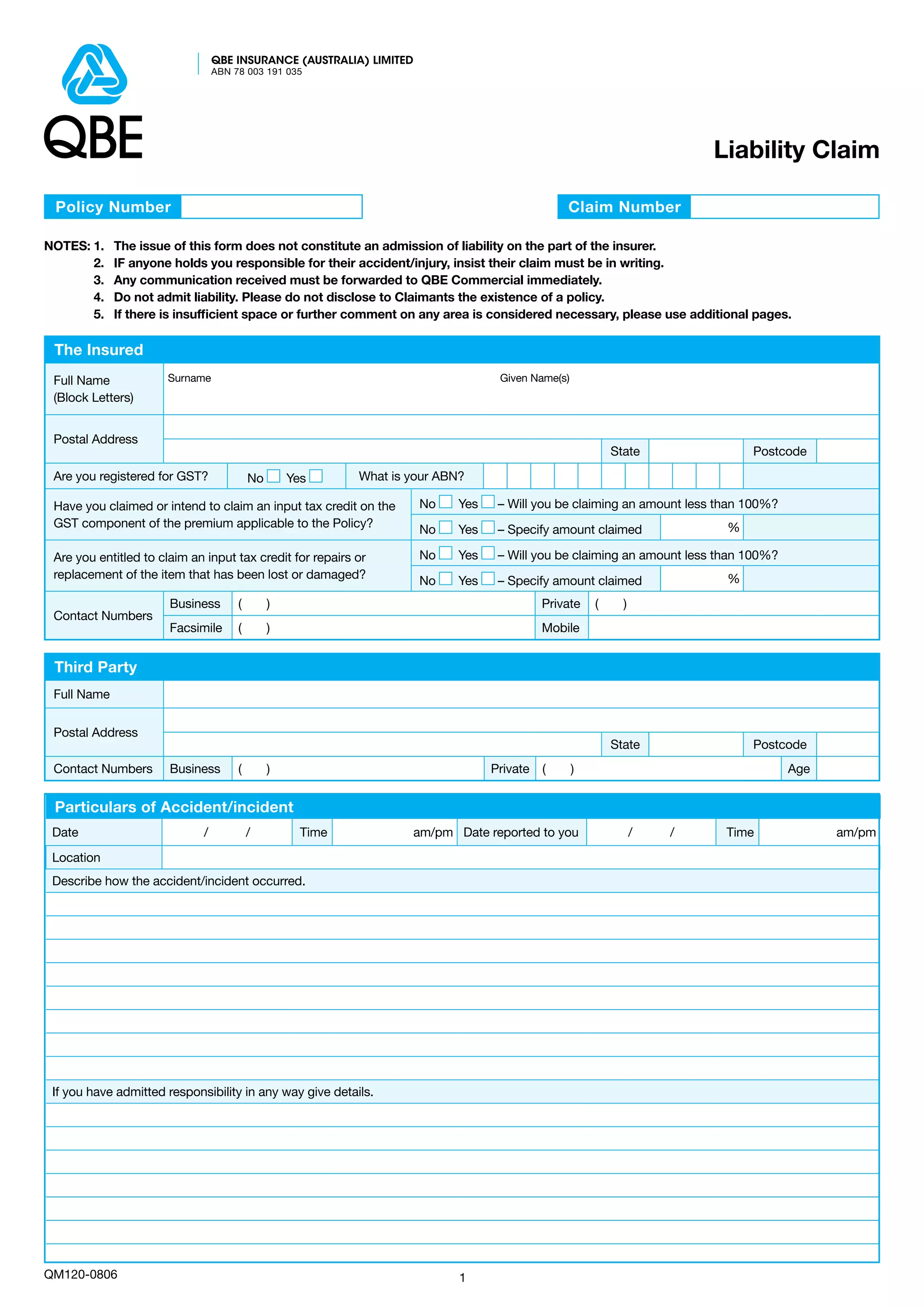 QBE Liability Claim Form | PDF | Free Download