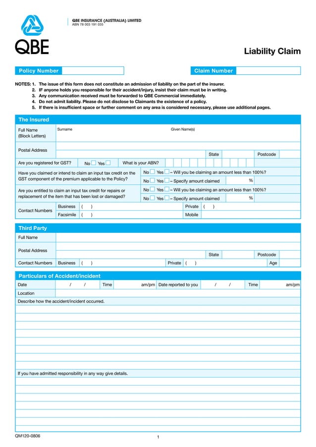 QBE Liability Claim Form | PDF