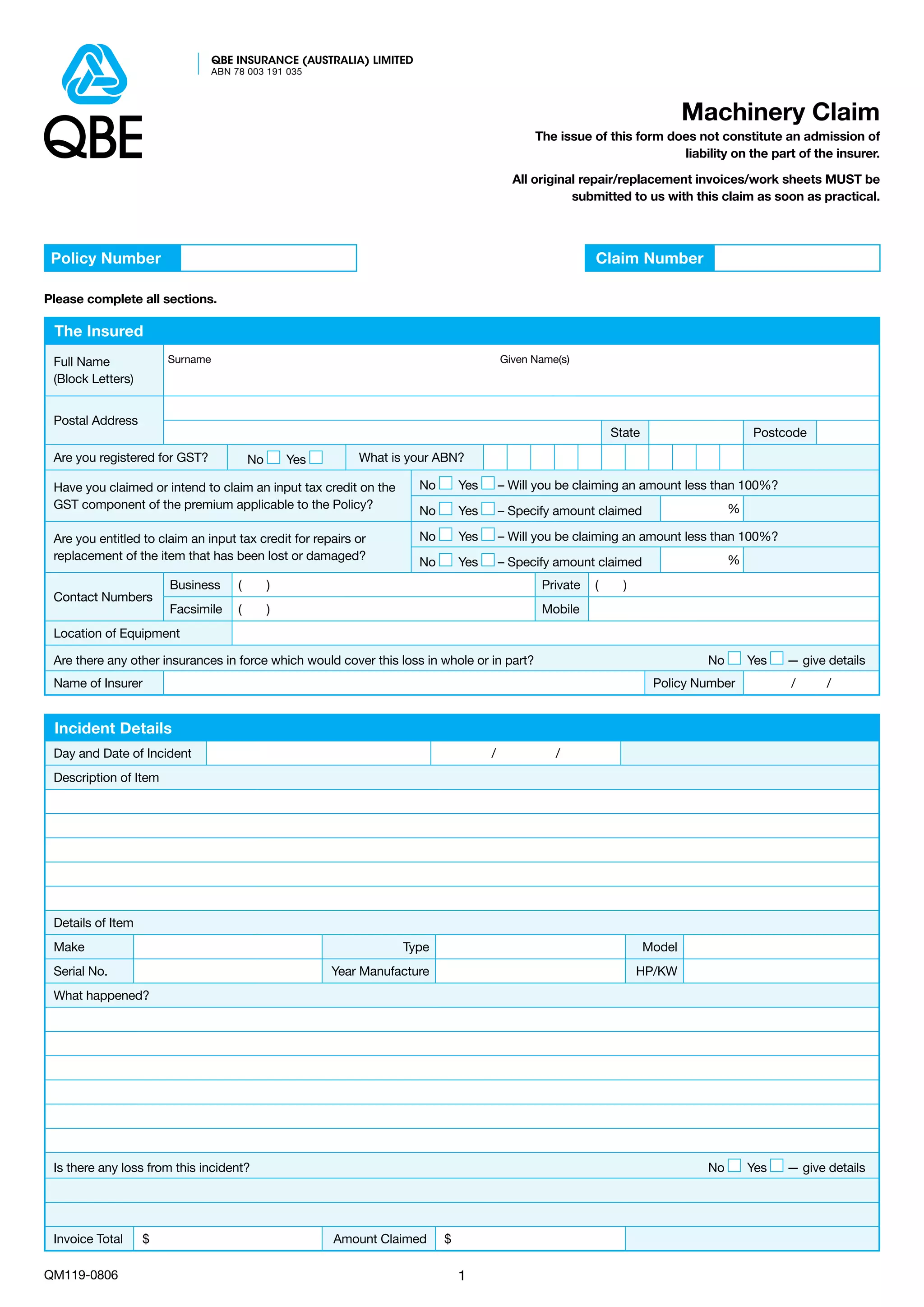 QBE Machinery Claim Form | PDF