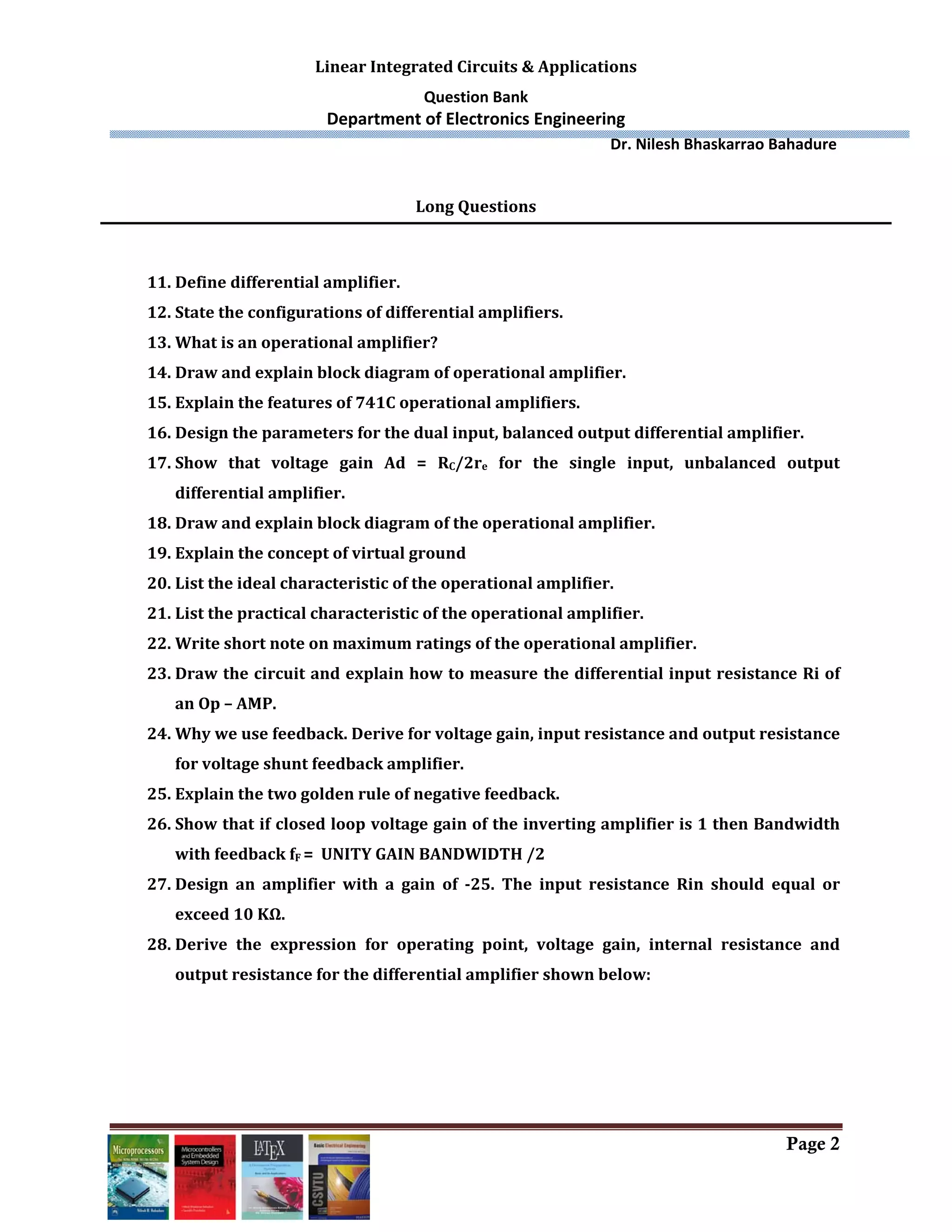 Question Bank linear integrated circuits and applications | PDF