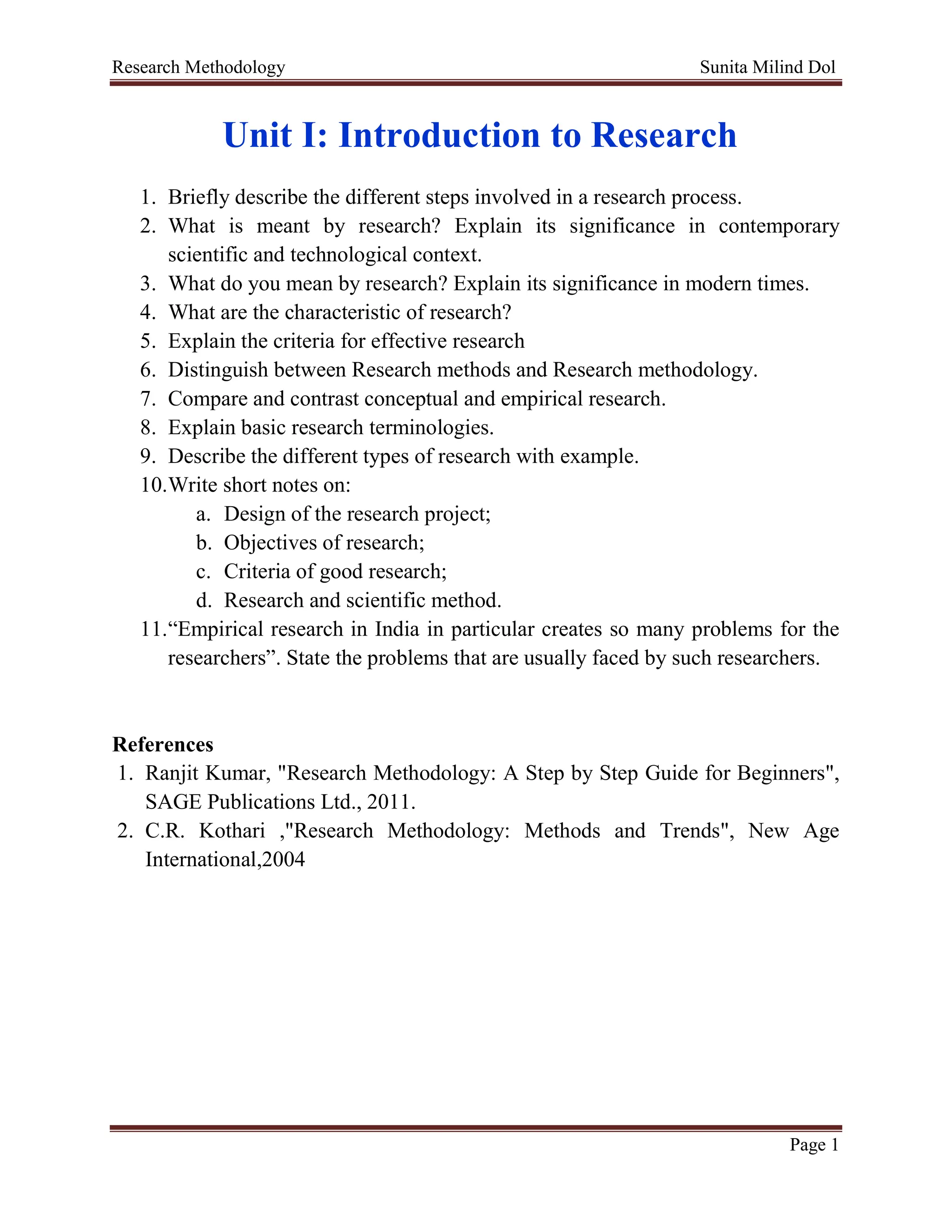 Unit Number 1 : Introduction to Research | PDF
