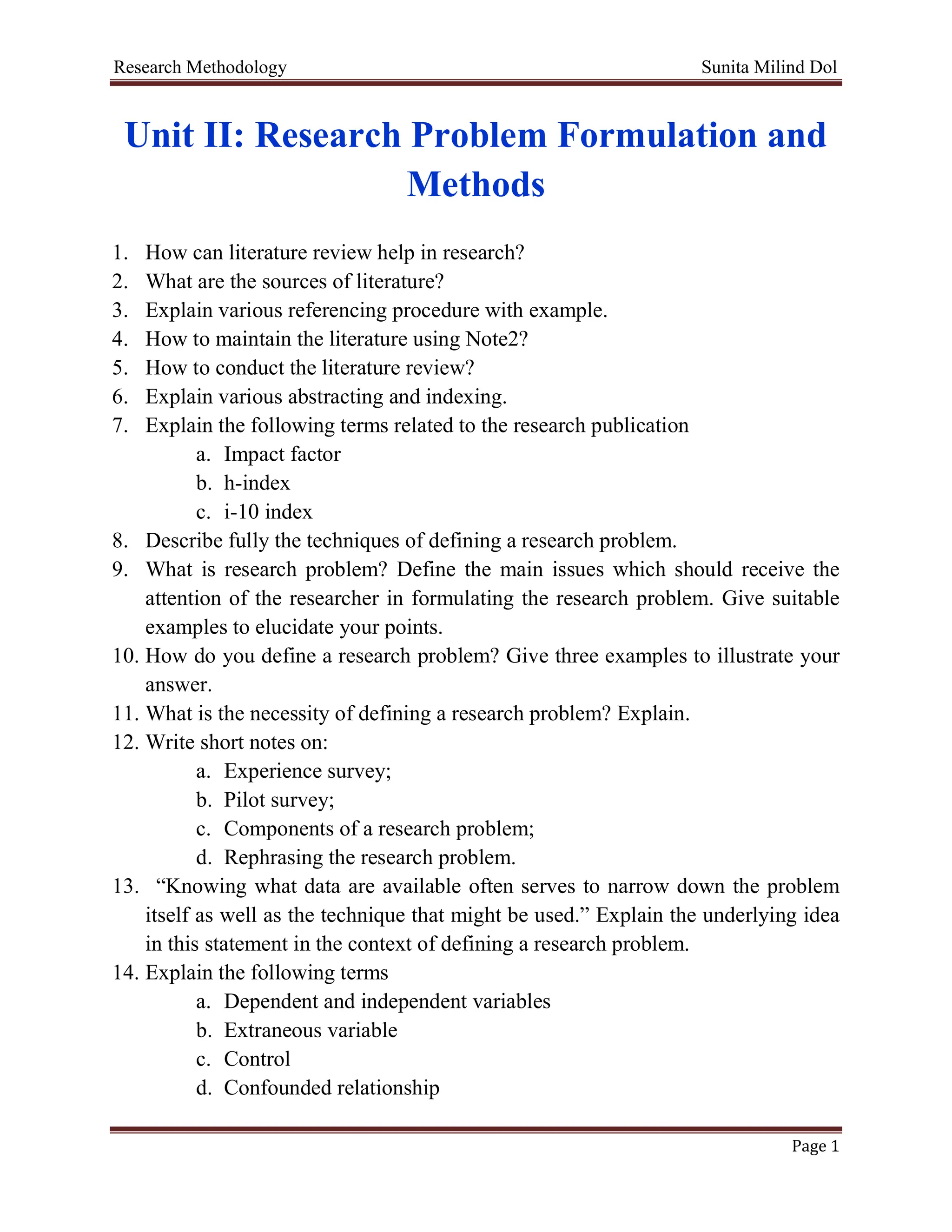 Unit Number 2 - Research Problem Formulation and Methods | PDF