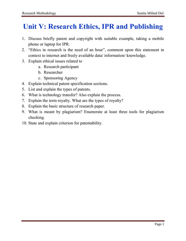 Unit Number 5 - Research Ethics, IPR and Publishing | PDF