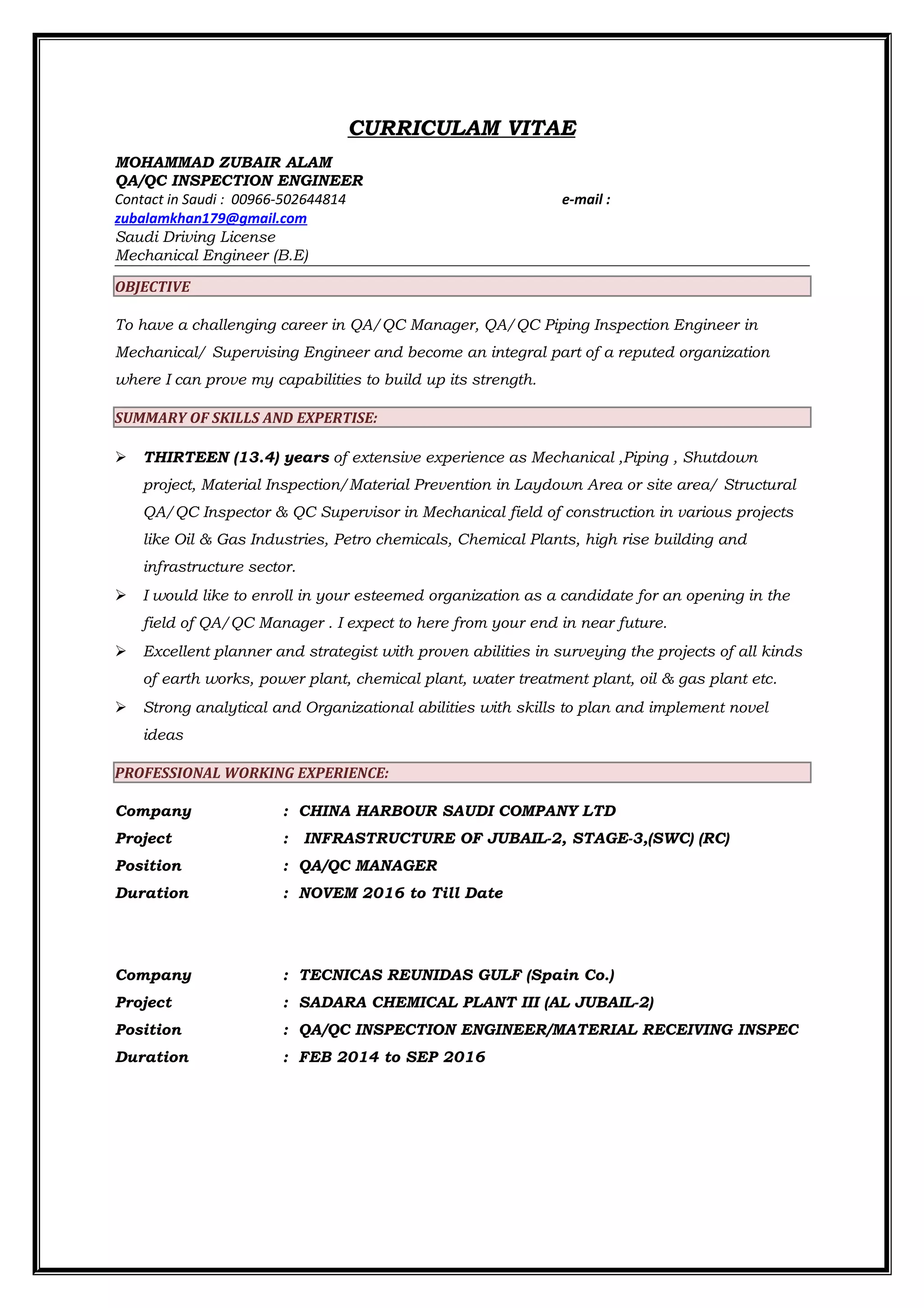 QA/QC INSPECTION ENGINEER | DOC | Civil Engineering Industry | Industries