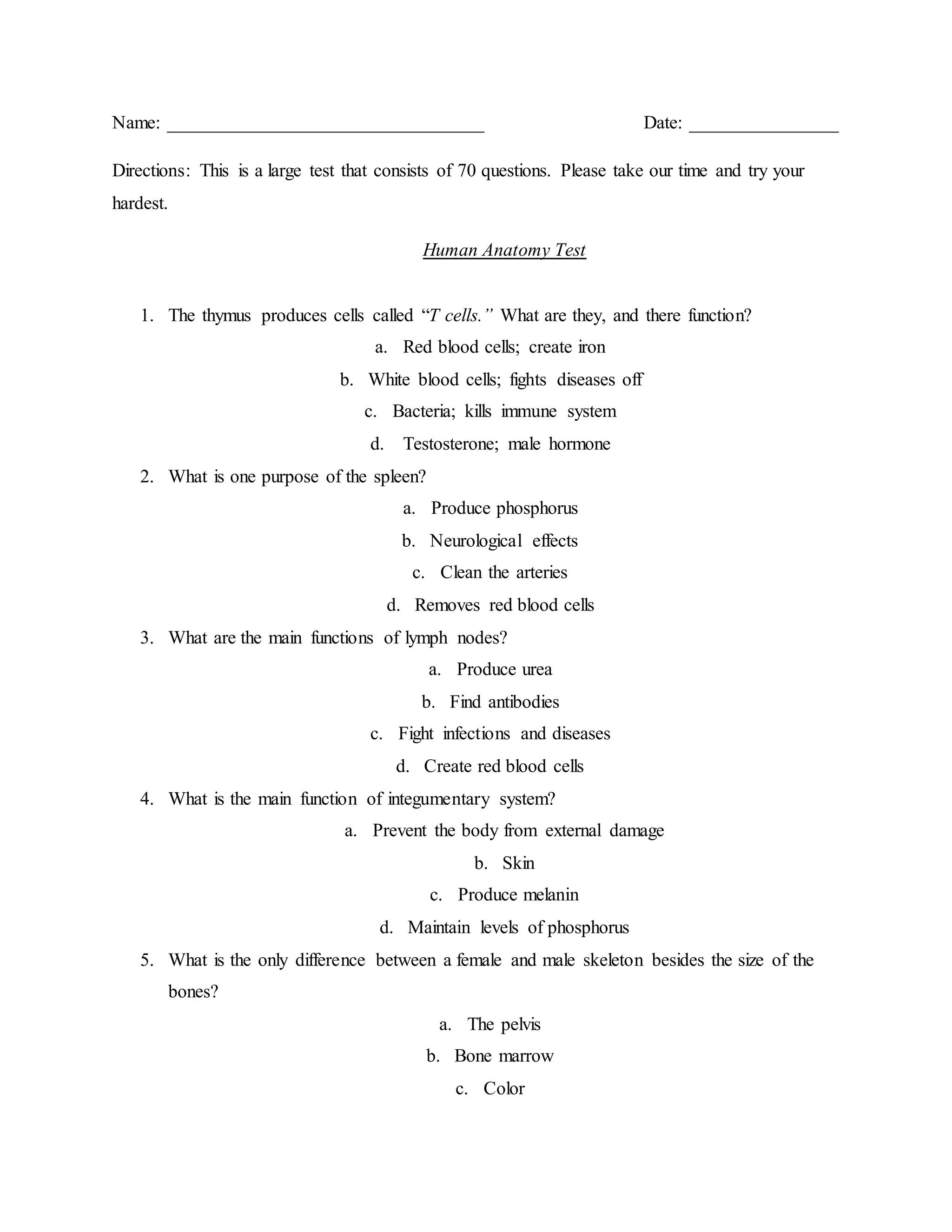 Human Anatomy Pre/Post Assessment | DOCX
