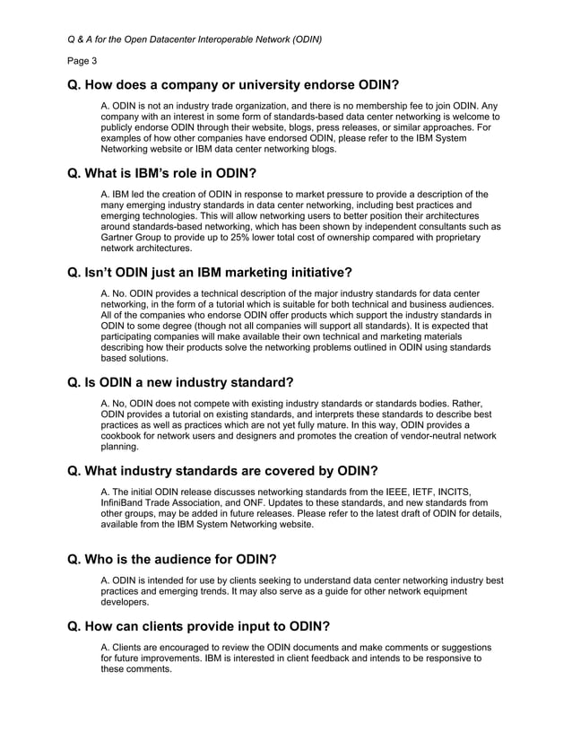 "Q & A for the Open Datacenter Interoperable Network (ODIN)" | PDF | Free Download