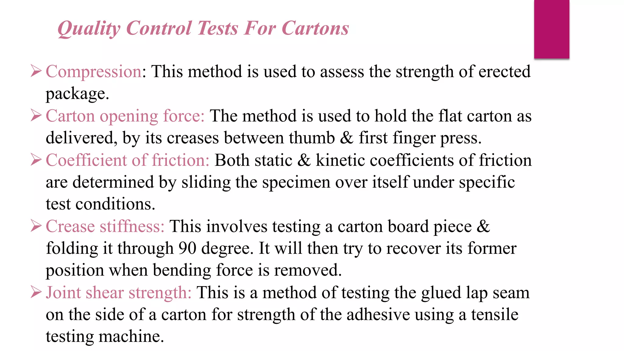 Qc test for plastics,metallic tins,closures, collapsible tubes ...