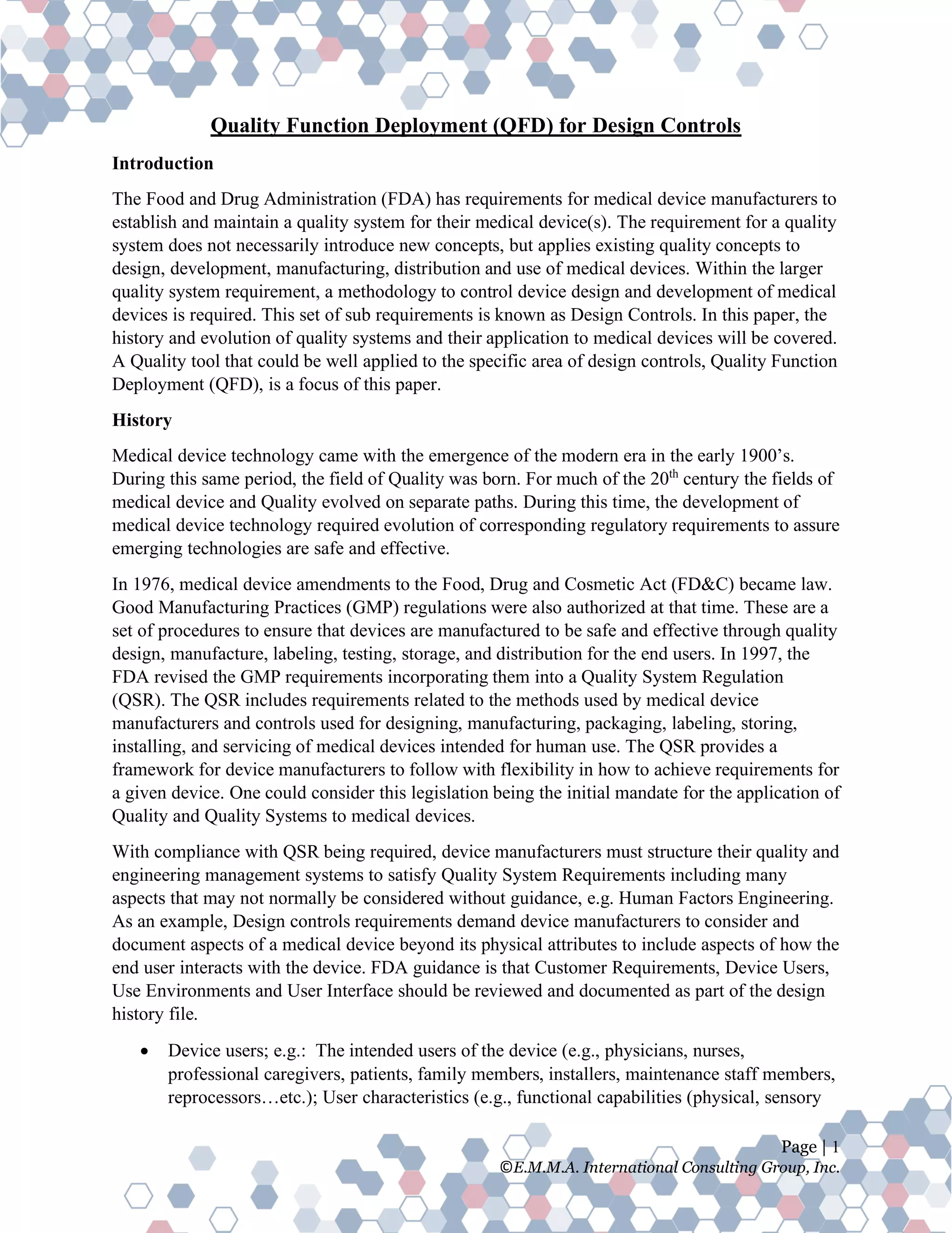 Quality Function Deployment (QFD) for Design Controls | PDF