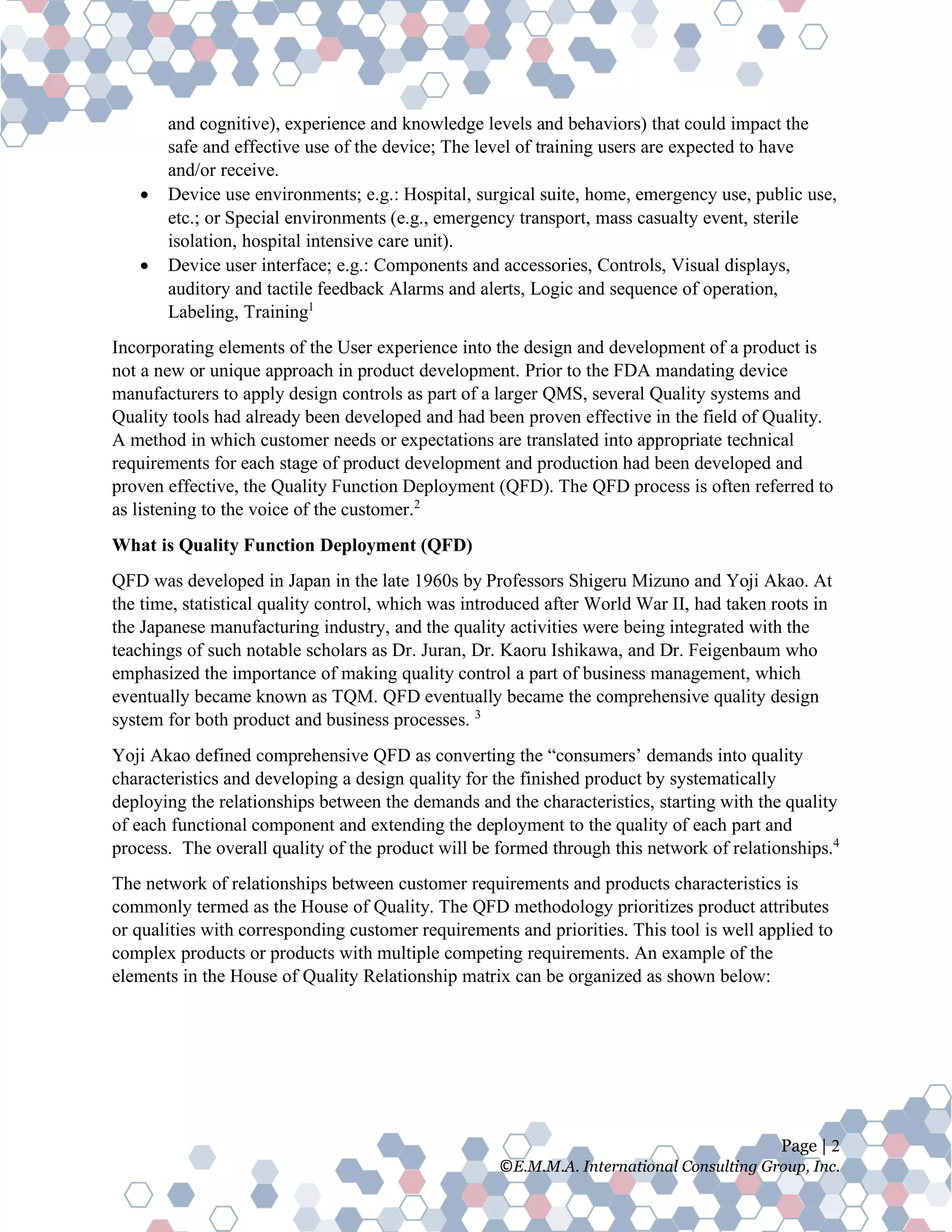 Quality Function Deployment (QFD) for Design Controls | PDF