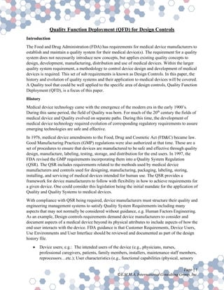Quality Function Deployment (QFD) for Design Controls | PDF