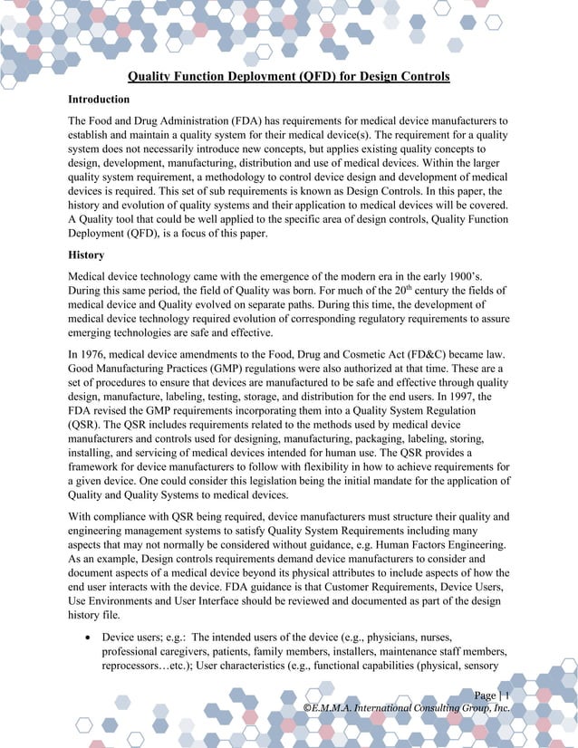 Quality Function Deployment (QFD) for Design Controls | PDF