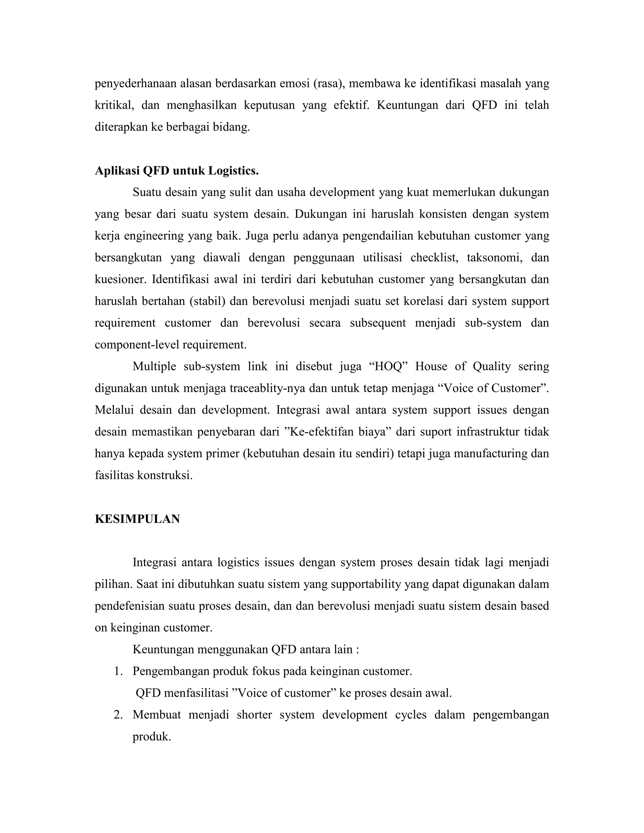 QFD journal review (integrate logistics into system design) | PDF