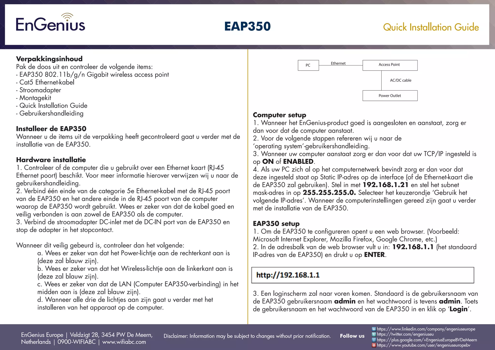Quick Installation Guide EAP350 Dutch | PDF
