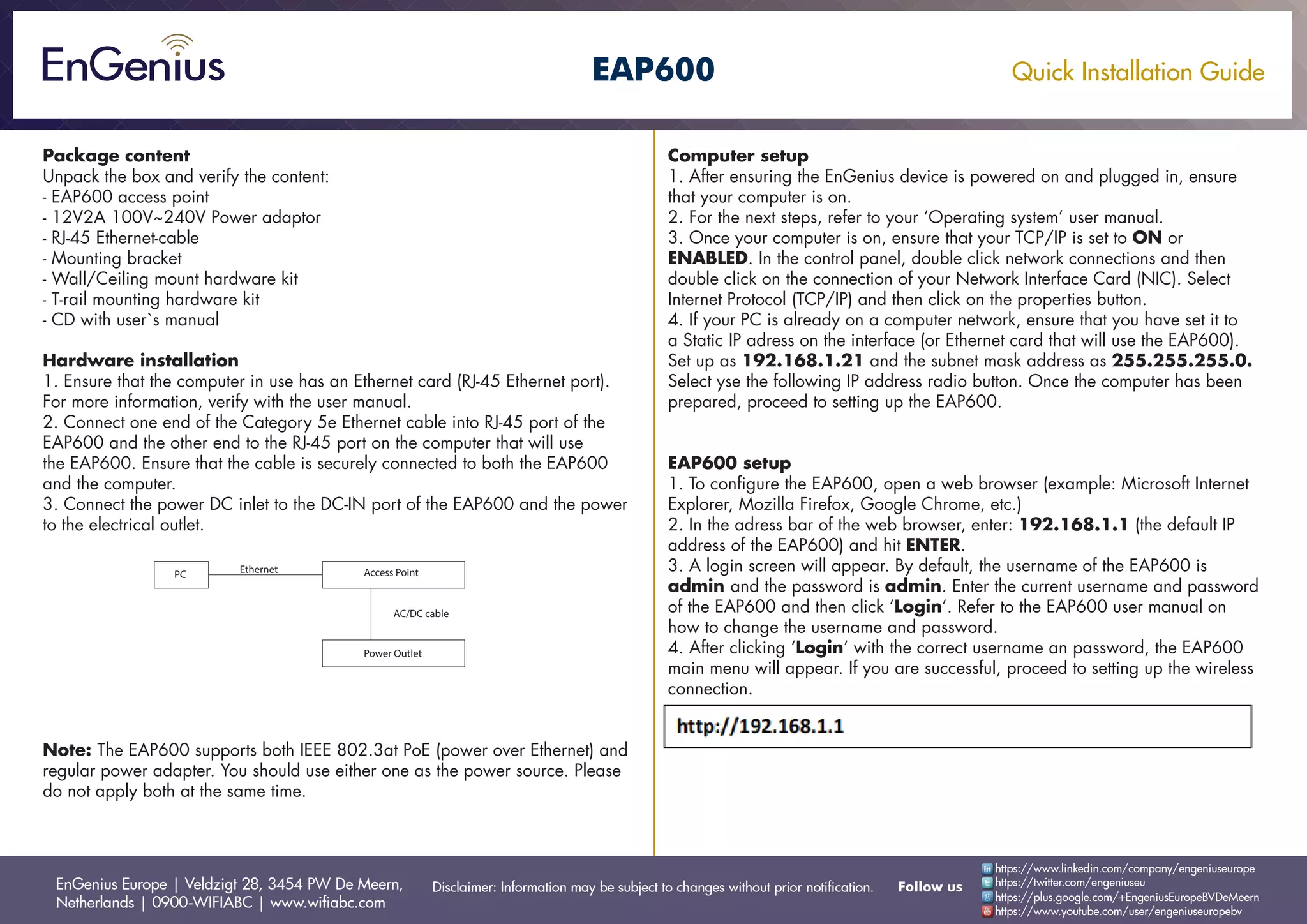 Quick Installation Guide EnGenius EAP600 | PDF