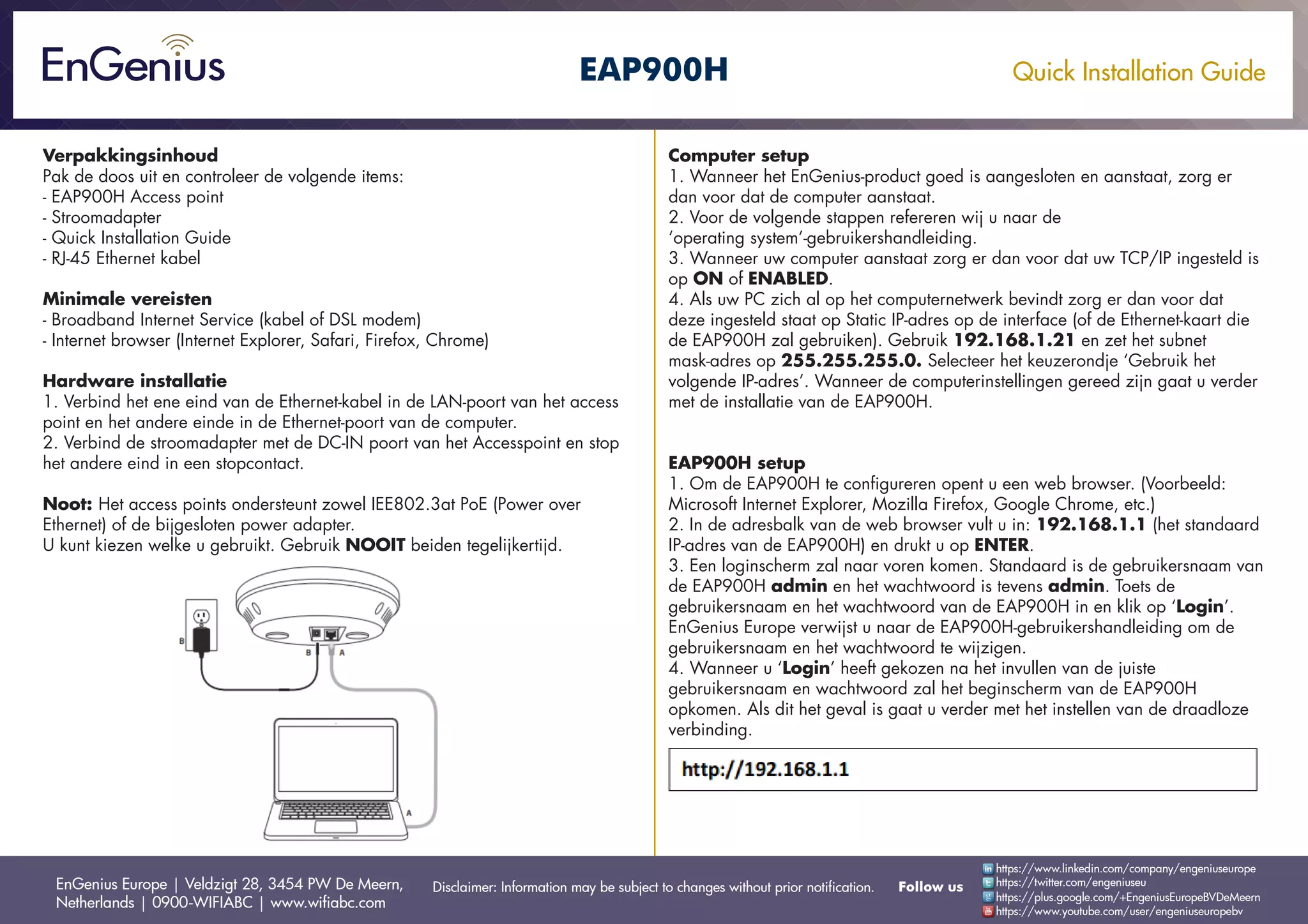 Quick Installation Guide EAP900H Dutch | PPT