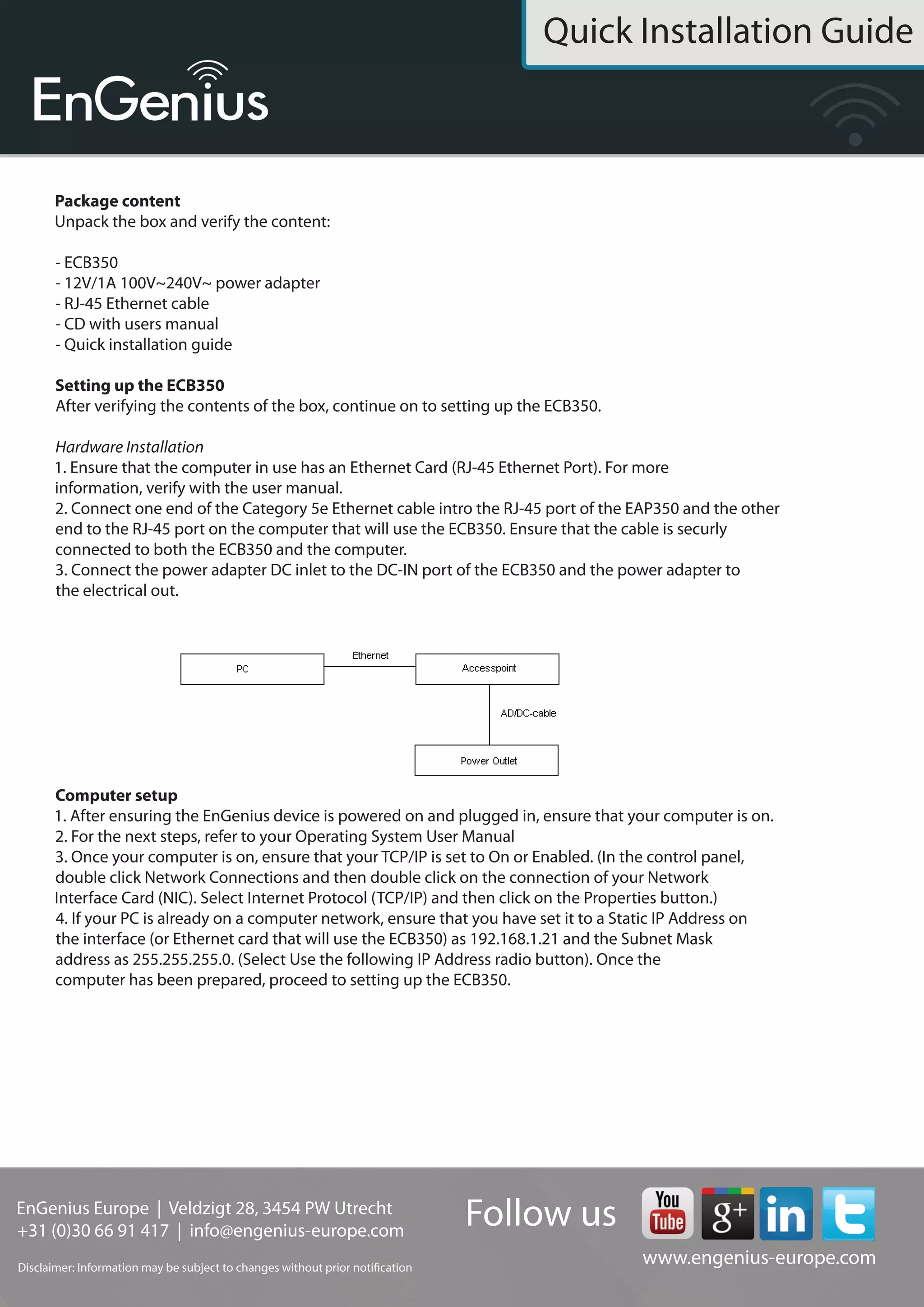 Quick Installation Guide EnGenius ECB350 | PDF