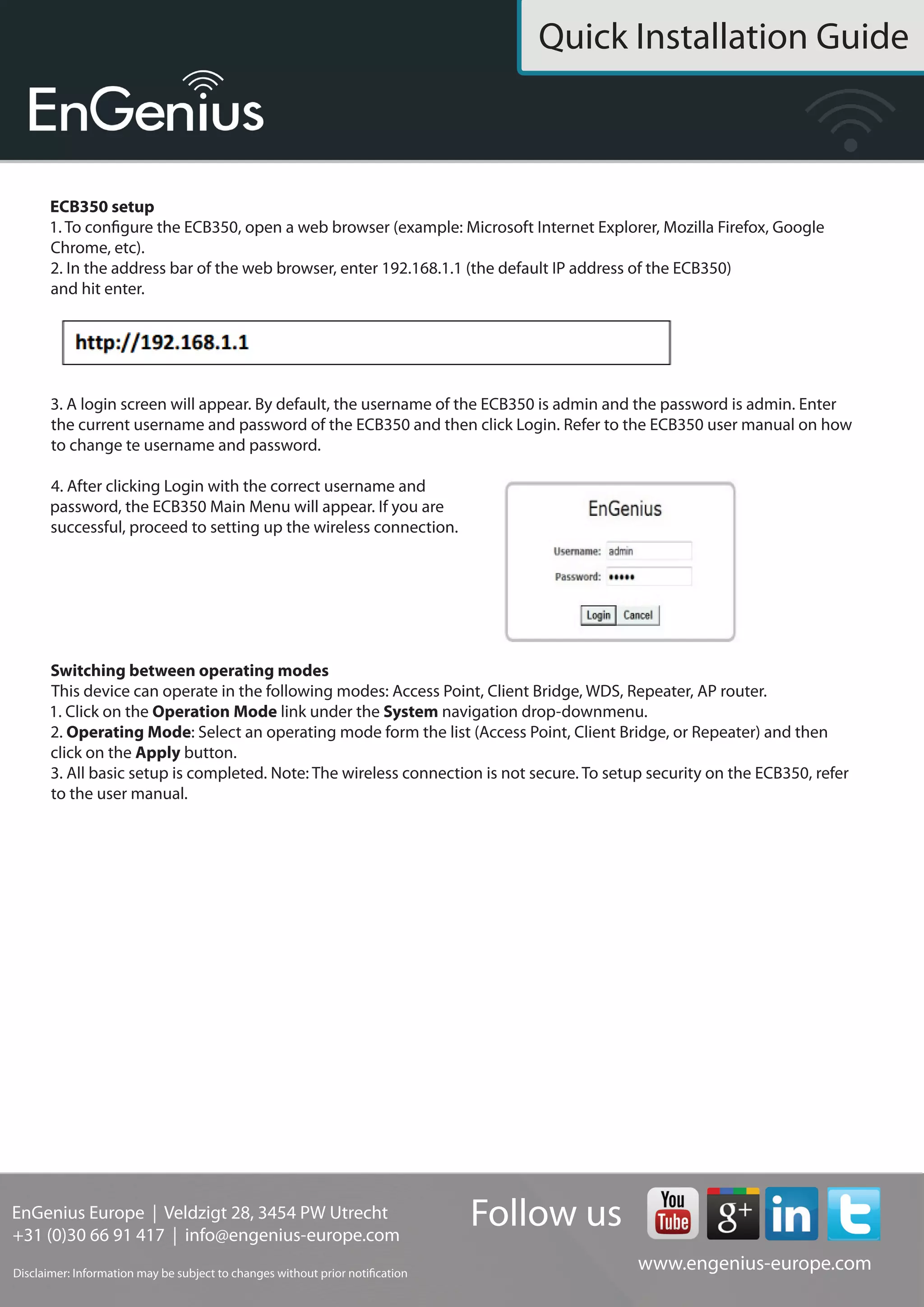 Quick Installation Guide EnGenius ECB350 | PDF