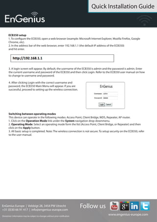 Quick Installation Guide EnGenius ECB350 | PDF
