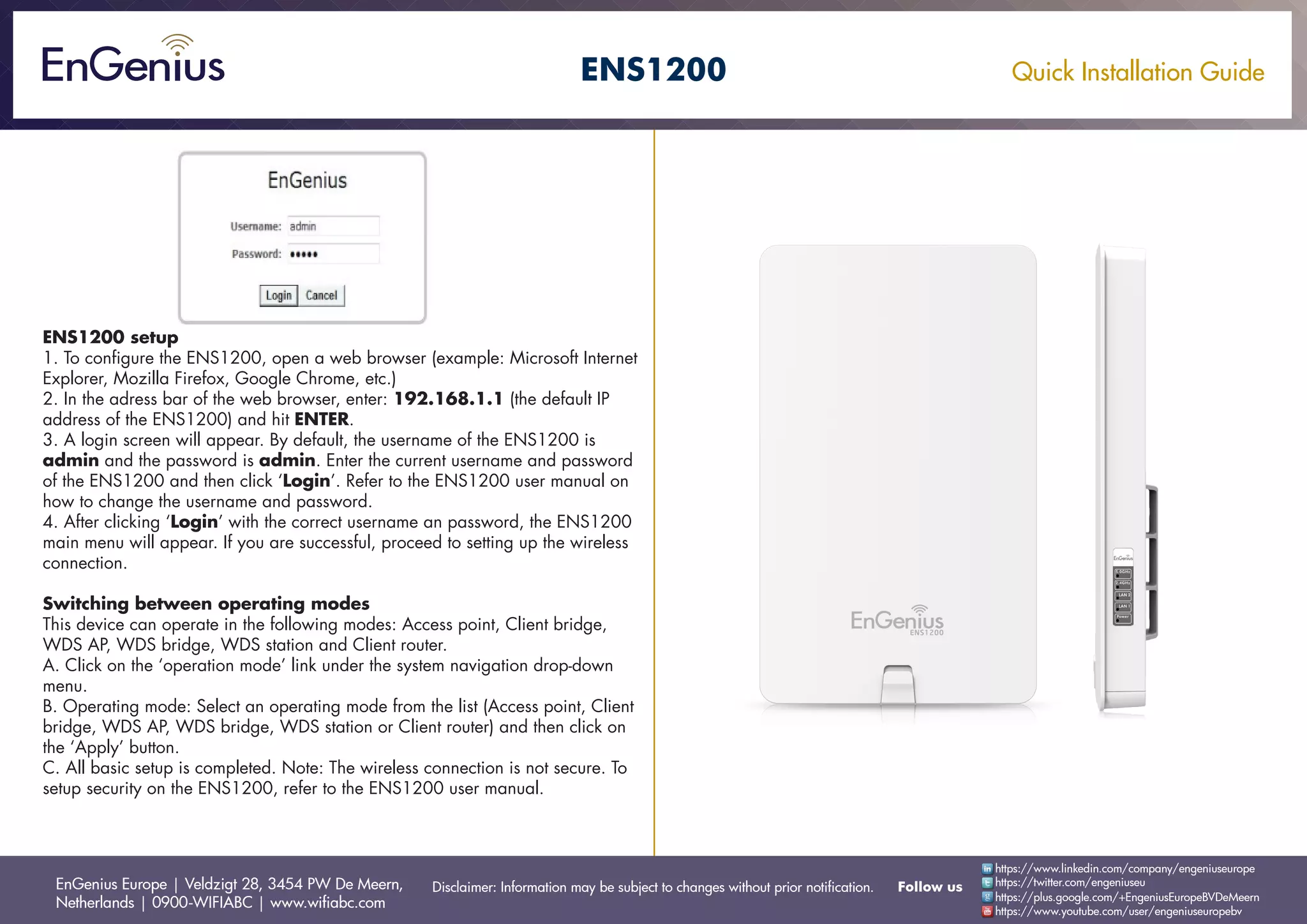 Quick Installation Guide ENS1200 English | PDF