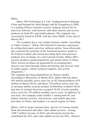 Qihoo. Qihoo 360 Technology Co. Ltd., headquartered in Beijing,.docx