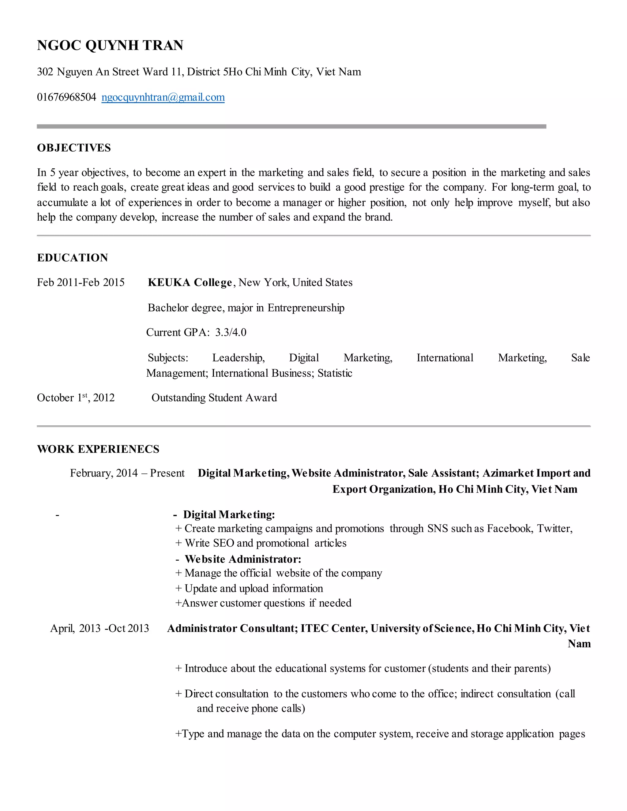 Ngoc Quynh Tran ( Ruby Tran) CV | DOCX | Business | Business and Finance