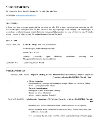 Ngoc Quynh Tran ( Ruby Tran) CV | DOCX | Business | Business and Finance