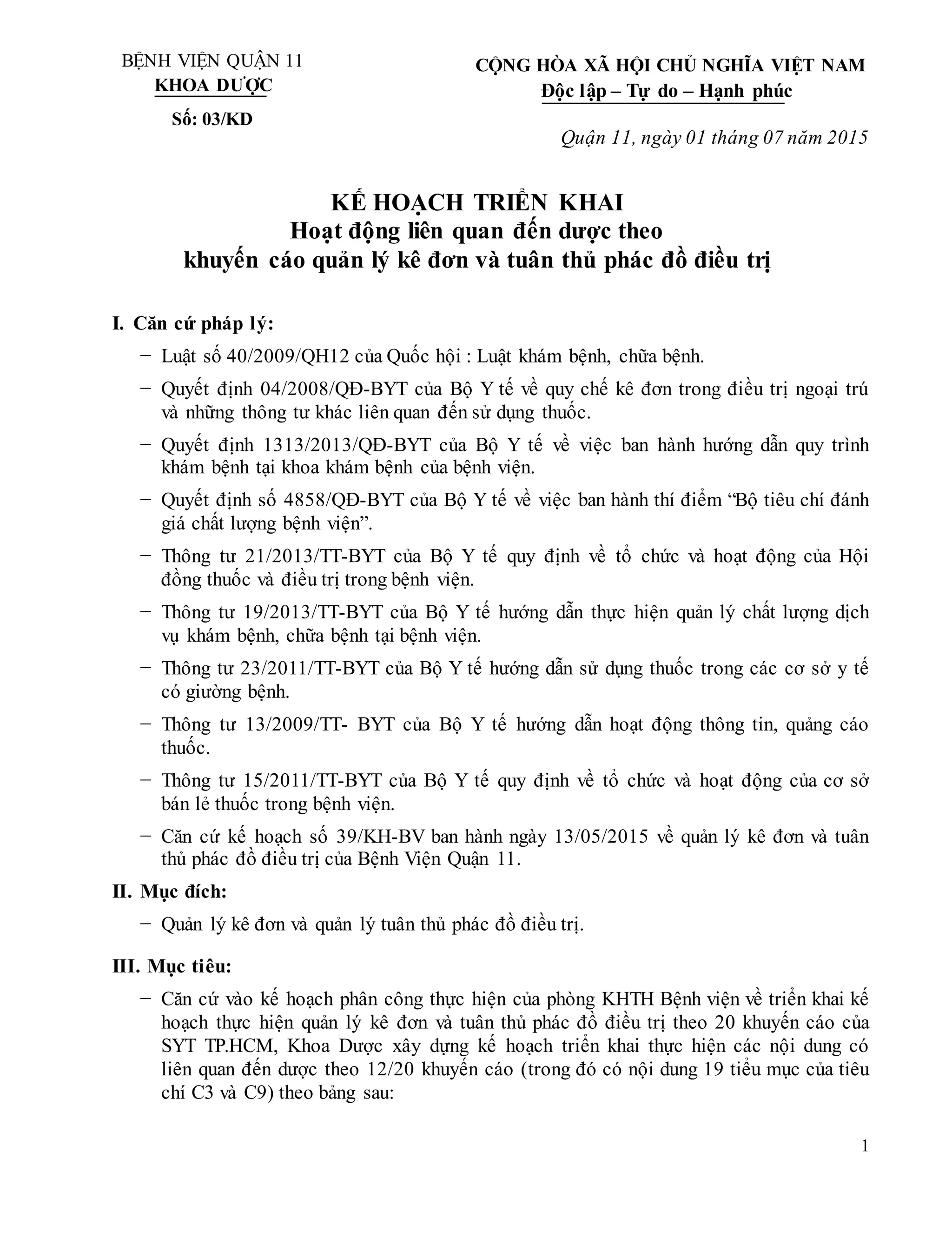 Kê hoạch thực hiện khuyến cáo Kiểm soát kê đơn và Tuân thủ điều trị_BV Quận 11 | DOCX
