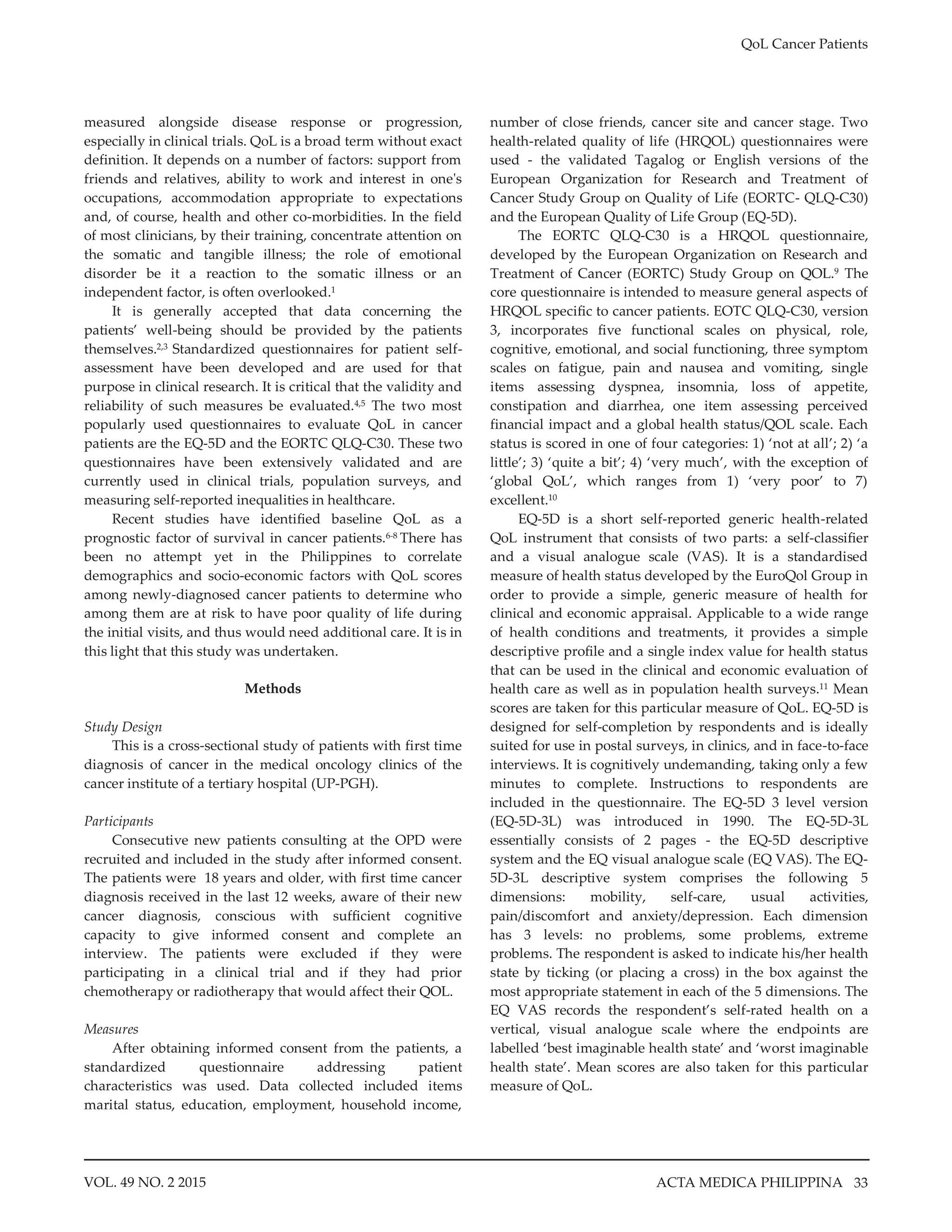 Quality of Life of the Filipino Cancer Patient | PDF