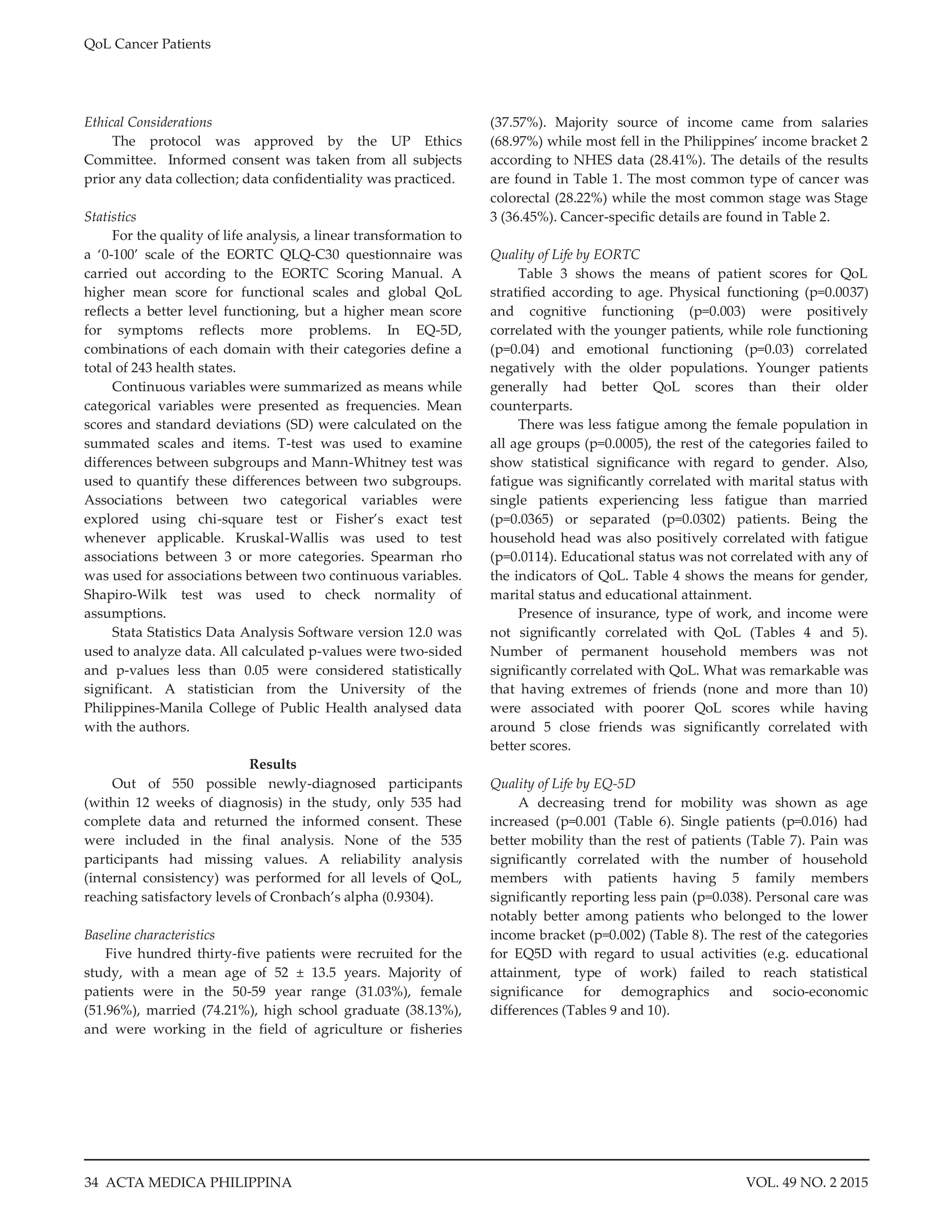 Quality of Life of the Filipino Cancer Patient | PDF
