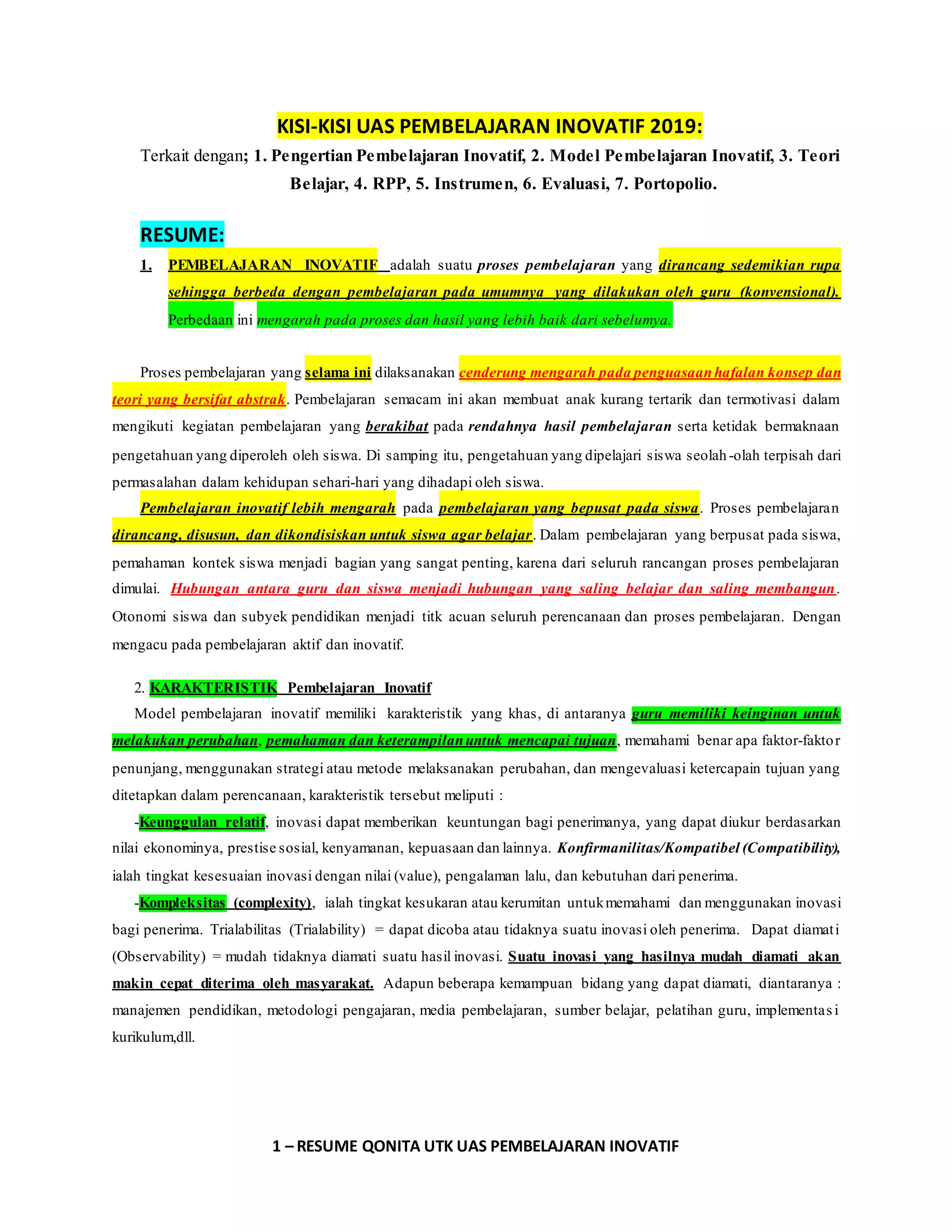 Resume UAS - Pembelajaran Inovatif smst V thn 2019 | DOCX