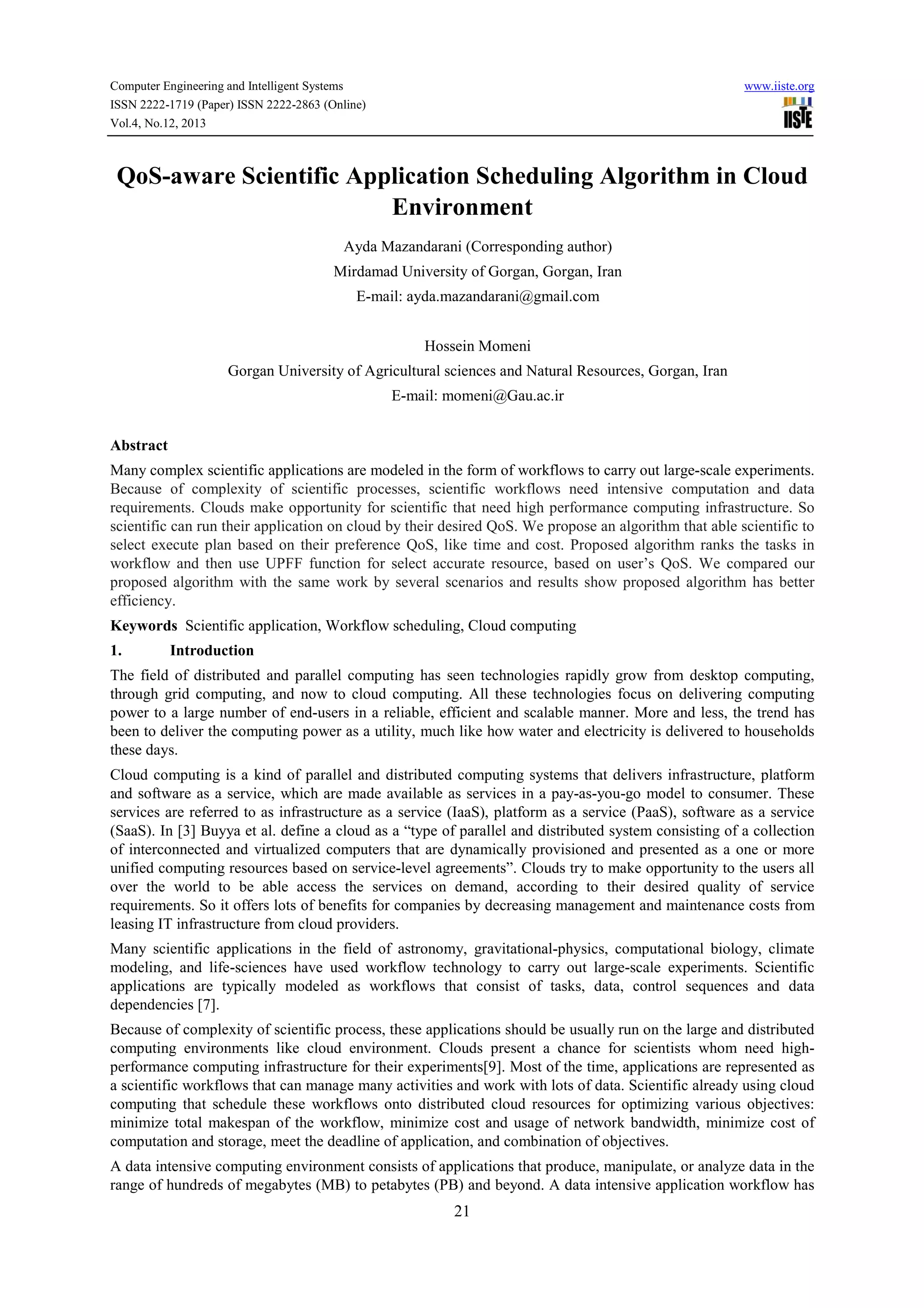 Qo S Aware Scientific Application Scheduling Algorithm In Cloud