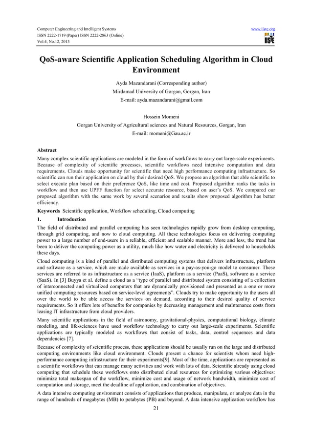 Qo s aware scientific application scheduling algorithm in cloud environment | PDF