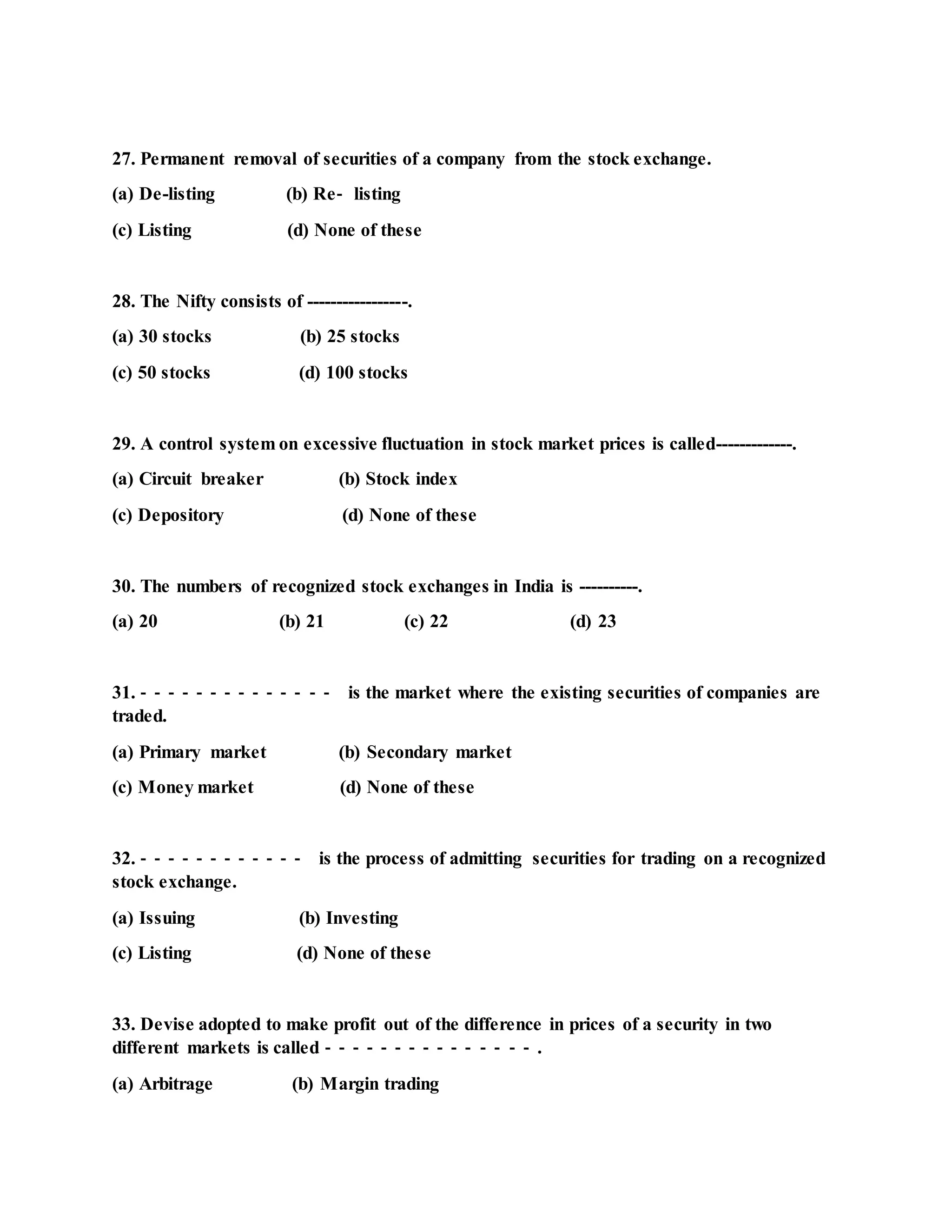financial markets and services question paper one mark hariharan23900 ...