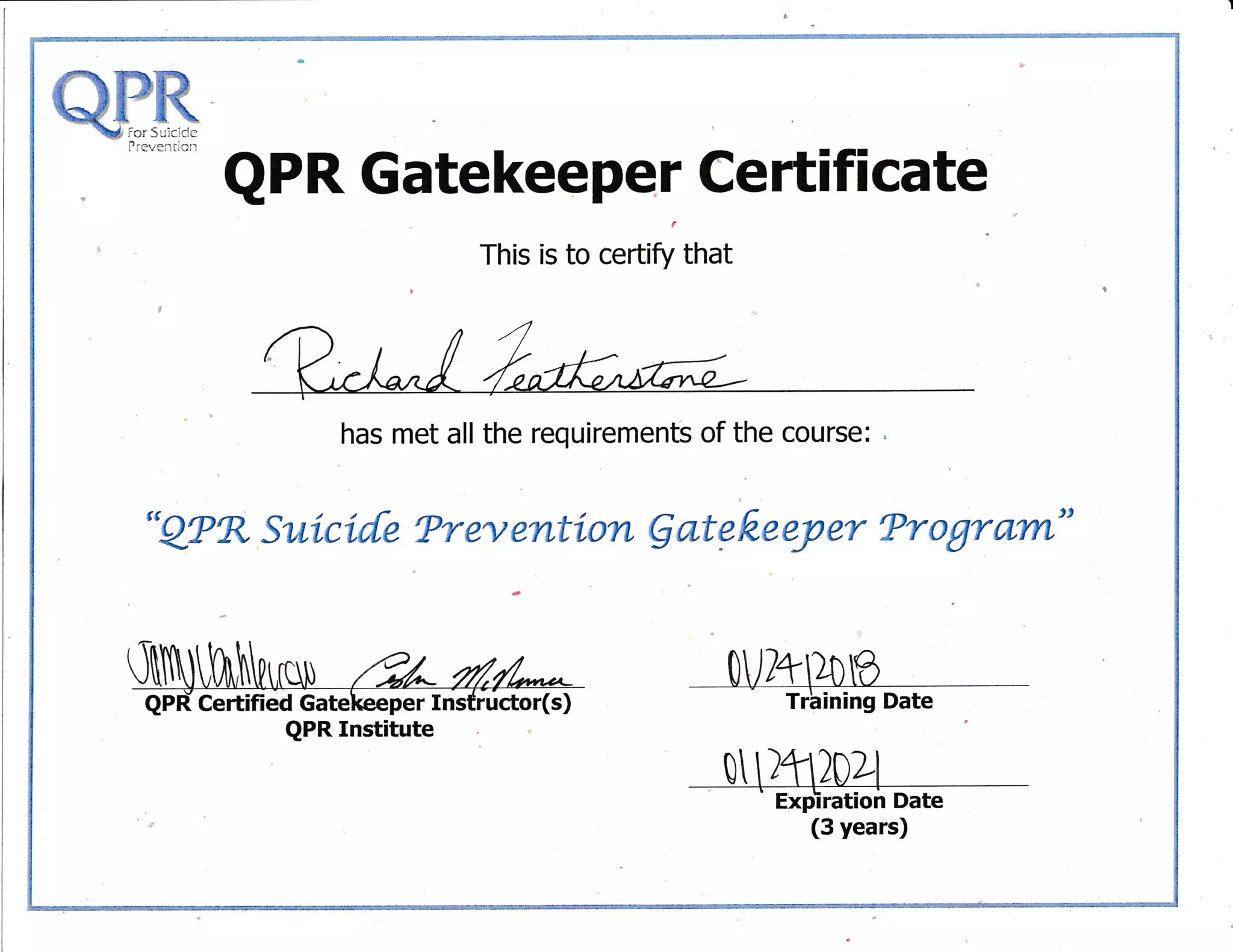 QPR Suicide Prevention Gatekeeper Program Certificate | PDF