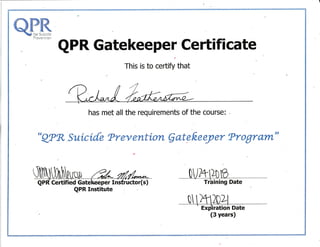 QPR Suicide Prevention Gatekeeper Program Certificate | PDF